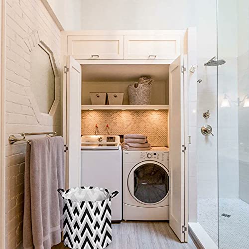 Collapsible Laundry Basket 17inch Chevron Striped Freestanding Laundry Hamper with Handles White Gray Black Drawstring Storage Basket for Clothes Toys Bedroom Nursery Bathroom