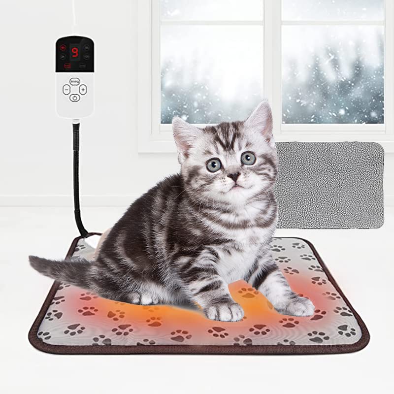 Dokinfish Pet Heating Pad, Electric Dog and Cat Thermal Mat,Adjustable Temperature Warming Heated Cat Bed,with Automatic Shut-Off Timer,Easy to Clean Waterproof Anti-Chewing Cord (19" Grey Cover)