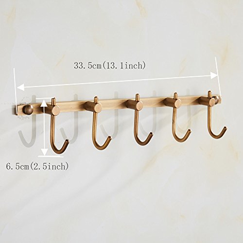 YUTU Bronze 5 Hooks Brass Towel Racks Brushed Antique Coat Hat Hooks Wall Mounted Bathroom