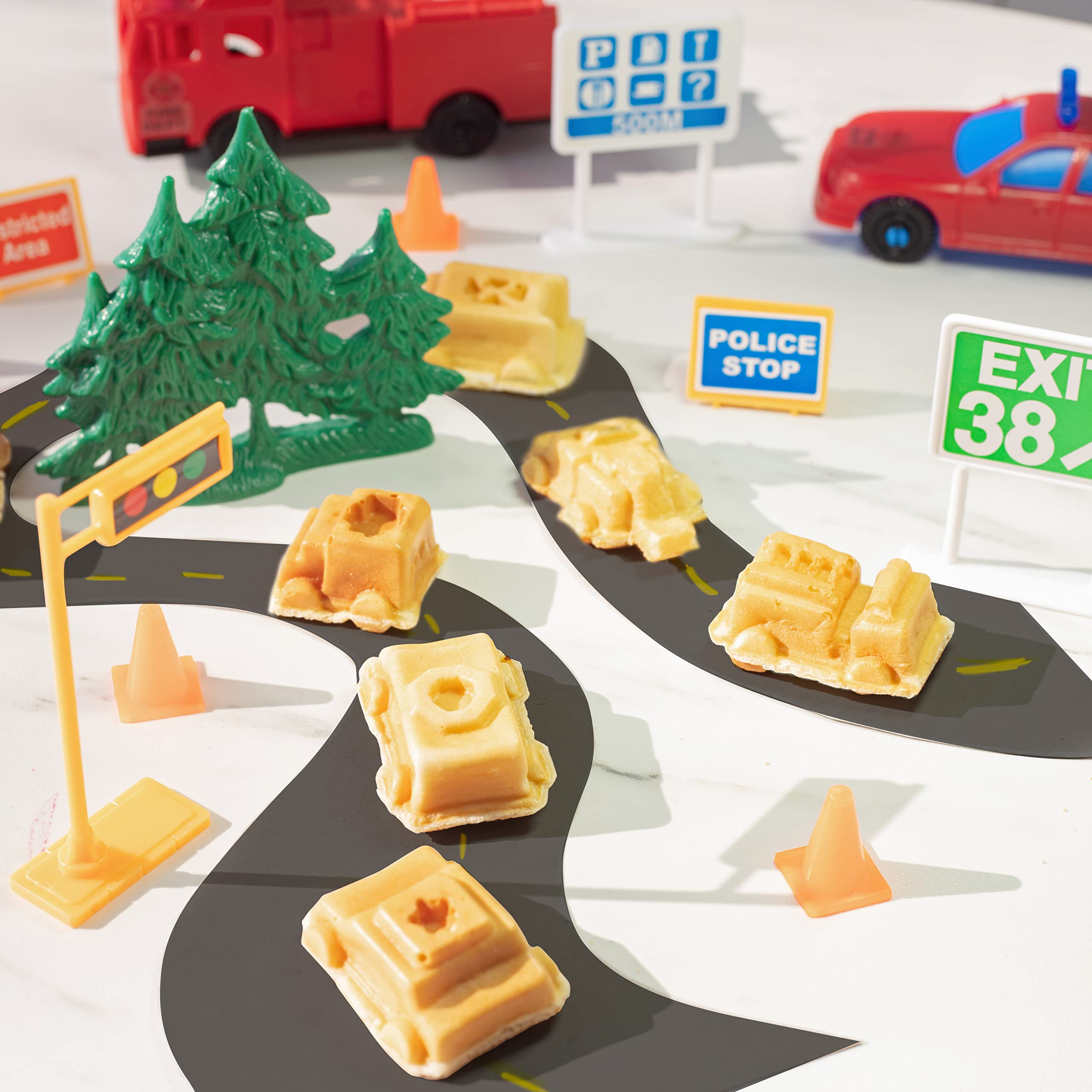 Cars & Trucks Mini Waffle Maker - Make 7 Fun Different Vehicles- Police Car Firetruck Construction Truck & More Automobile Shaped Pancakes- Electric Nonstick Iron for Kids, Easter Basket Stuffer Gift