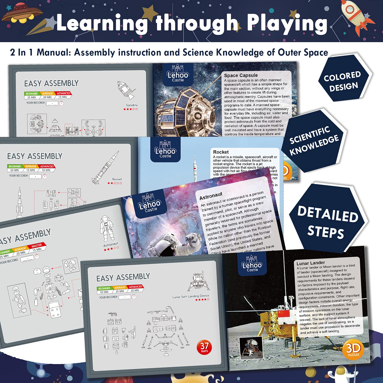 Lehoo Castle Building Toys for Kids Age 3-12,Space Station Space Shuttle Building Kit Including Astronaut, Rocket, Lunar Lander and Space Capsule, STEM Space Toy for Boys and Girls (109pcs)