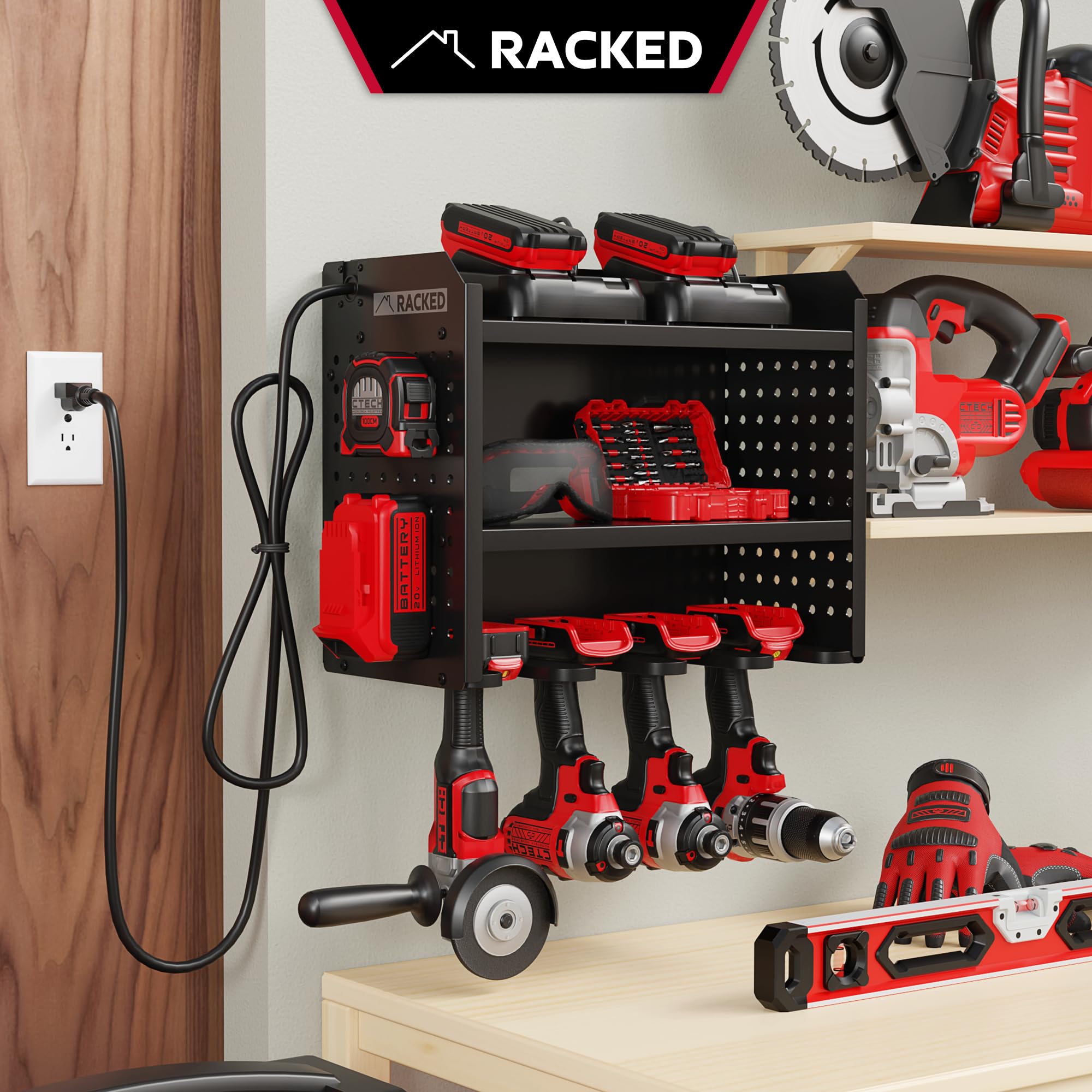RACKED Power Tool Organizer Wall Mount - Heavy Duty Garage Organization w Side Pegboard, Outlet Charging Power Strip & Drill Holder - Easy to Install Tool Storage Rack for Screws & More