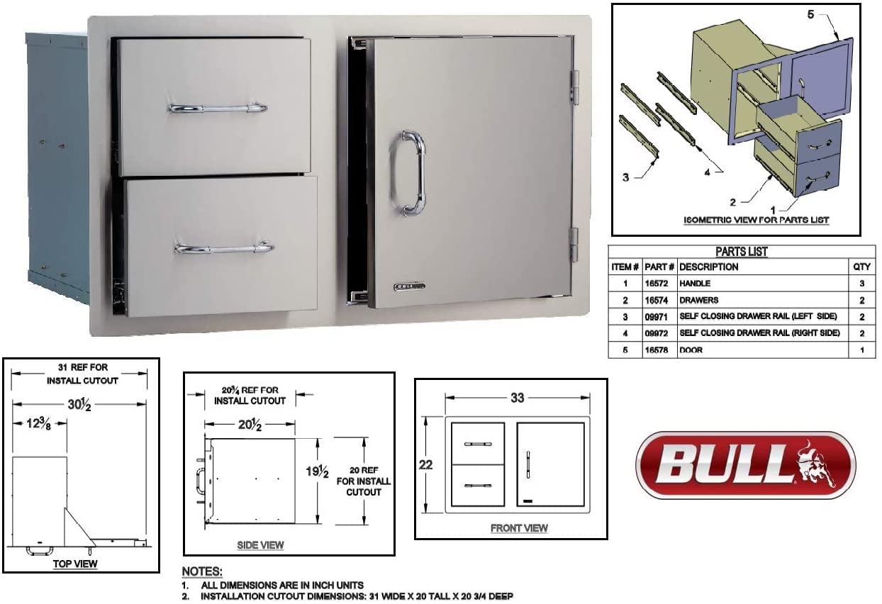 BULL GRILLS The Angus 30" Propane Gas Grill Package-Includes Refrigerator, Single Side Burner, FREE Cover, Double Drawer combo & 5-1 BBQ Tool - FREE Bio-Ethanol Table-top Fire pit