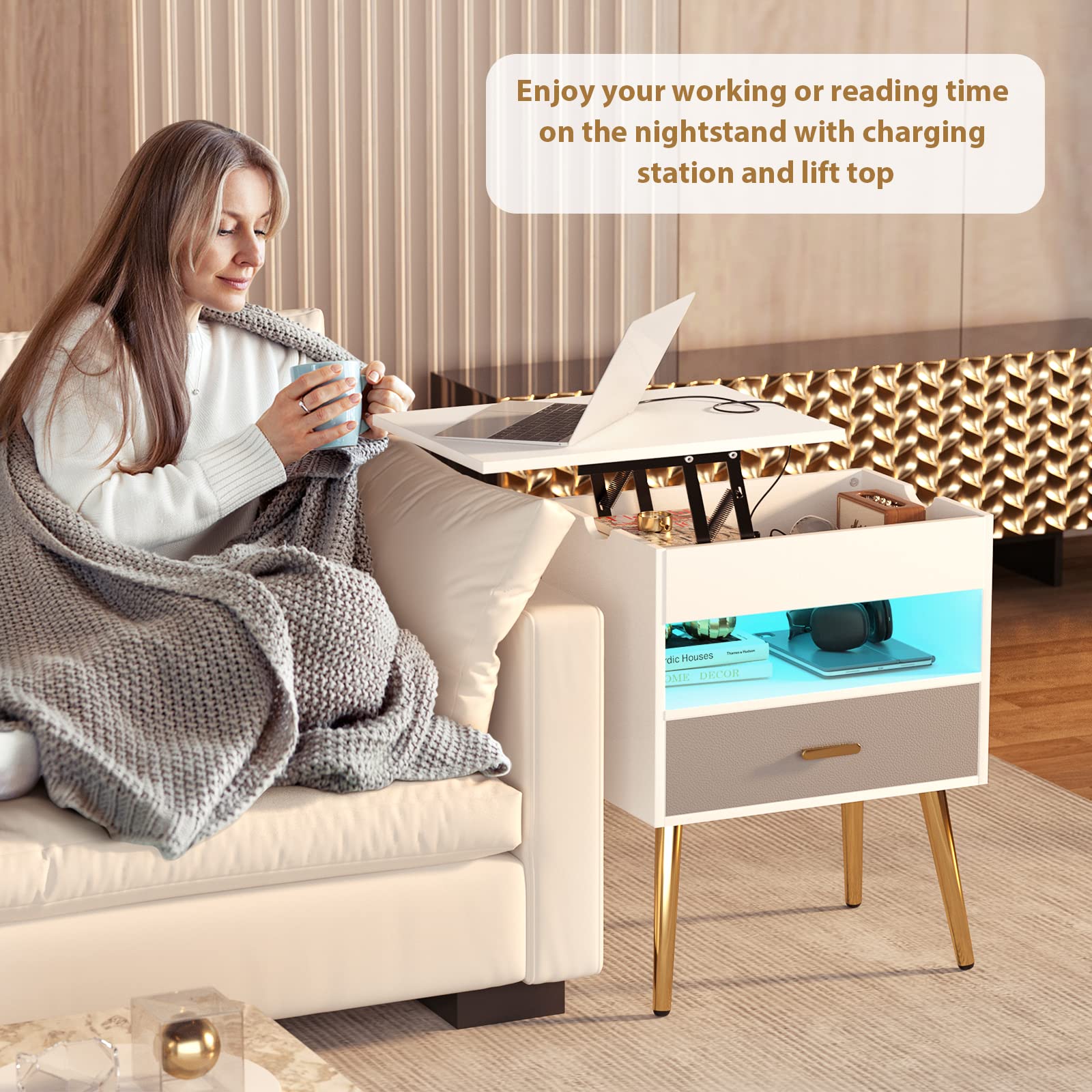 Cyclysio 35'' Nightstands Set of 2 with Reversible Lift Top, Large Night Stand with Lights, Tall Bedside Table with Charging, White Modern Side Table