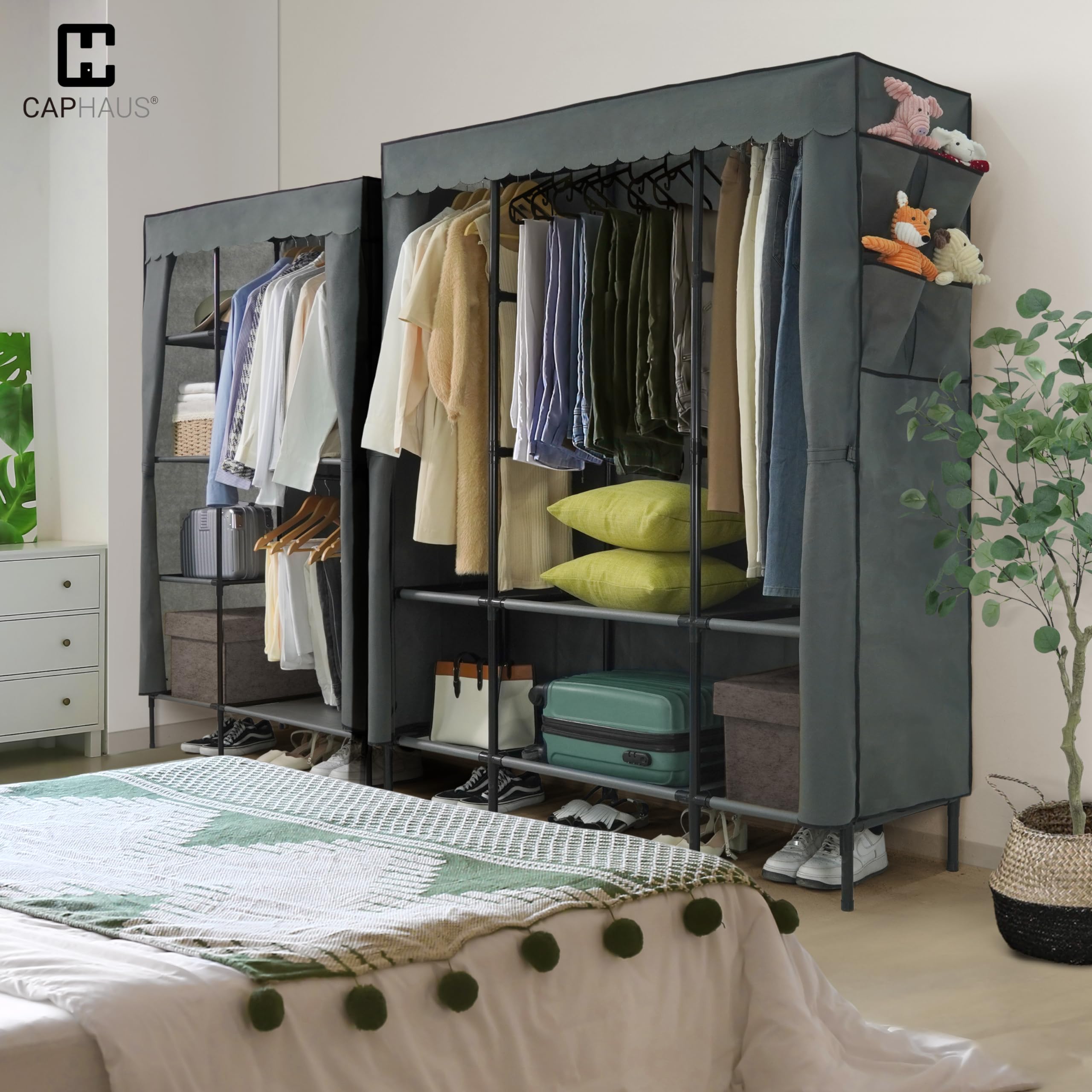 CAPHAUS 67-Inch Clothing Rack with Cover, Portable Closet Wardrobe, Covered Garment Rack for Hanging Clothes, 285LB Capacity Heavy-Duty Metal Frame Clothes Organizer Rack with Storage Shelves