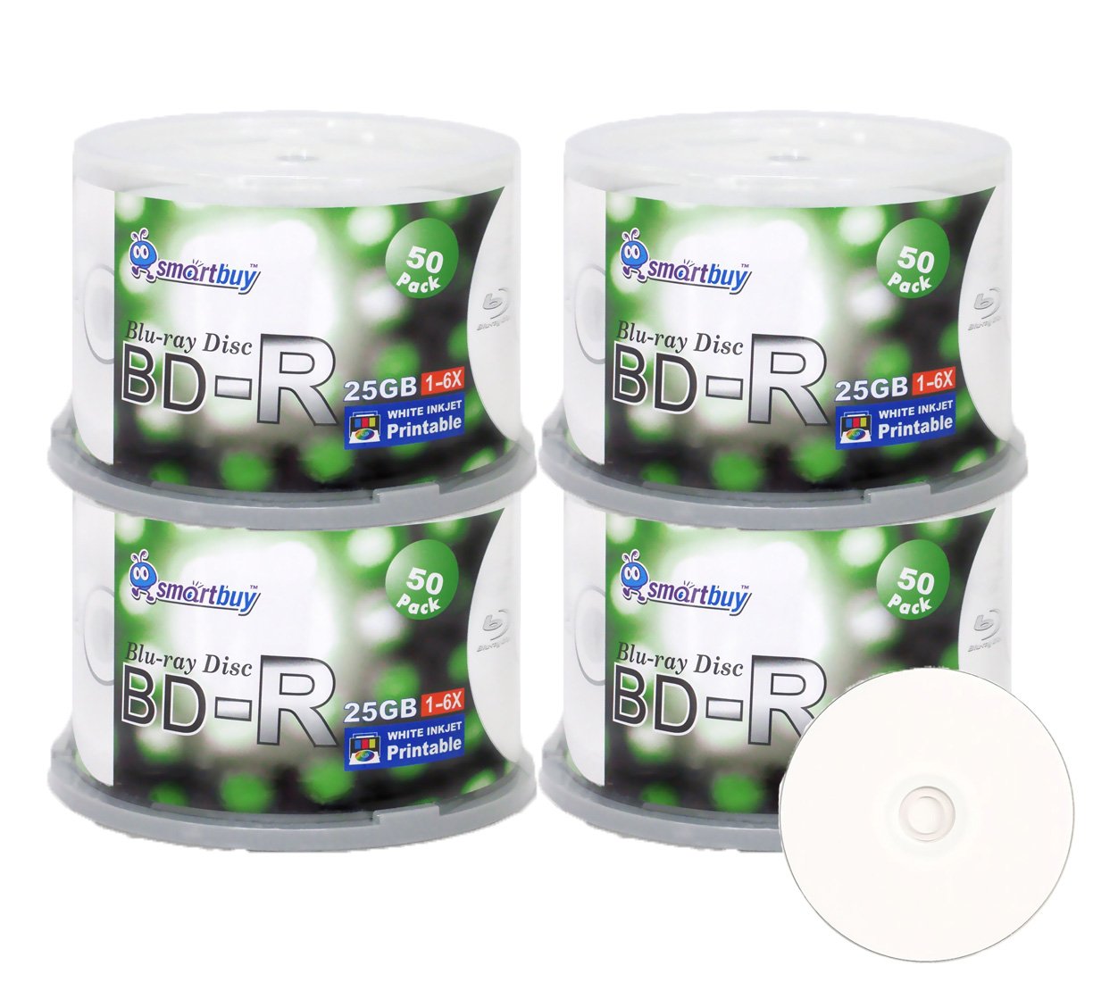 Smartbuy 200 Pack Bd-r 25gb 6X Blu-ray Single Layer Recordable Disc Printable White Inkjet Blank Data Video Media 200 Disc Spindle