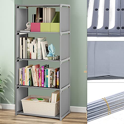 DOONARCES 4 Tiers Grey Bookcase Bookshelf Free Standing Book Toys Storage Rack Organizer Display Shelf Waterproof Metal&Woven Fabric Shelf for Study Room Bedroom Living Room 16 * 10 * 49in