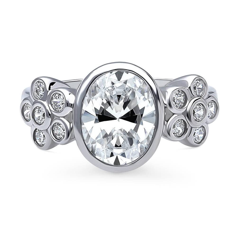 BERRICLE Sterling Silver Flower Wedding Engagement Rings Bezel Set Cubic Zirconia CZ Solitaire Cocktail Ring for Women, Rhodium Plated Size 8