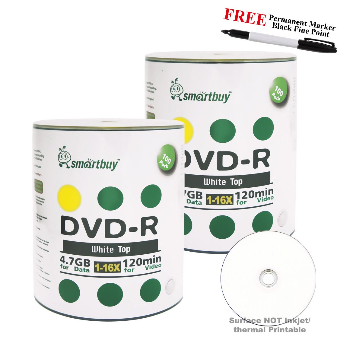 Smartbuy 200-disc 4.7GB/120min 16x DVD-R White Top Blank Media Record Disc + Black Permanent Marker