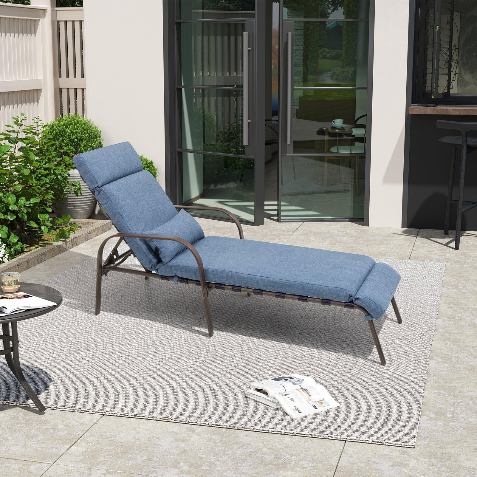 Crestlive Products Adjustable Chaise Lounge Chair with Cushion & Pillow, Outdoor Five-Position Recliner, All Weather for Patio, Beach, Yard, Pool (1PC Dark Blue)