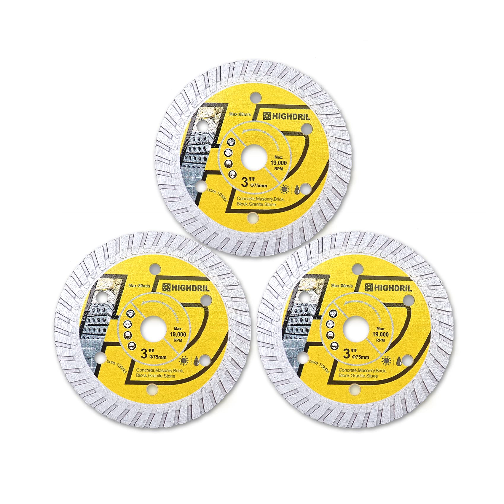 HIGHDRIL Diamond Saw Blade, 3PCS 3in/75mm x Arbor 3/8inch/10mm for Granite,Hard Concrete,Ceramic,Hard Porcelain
