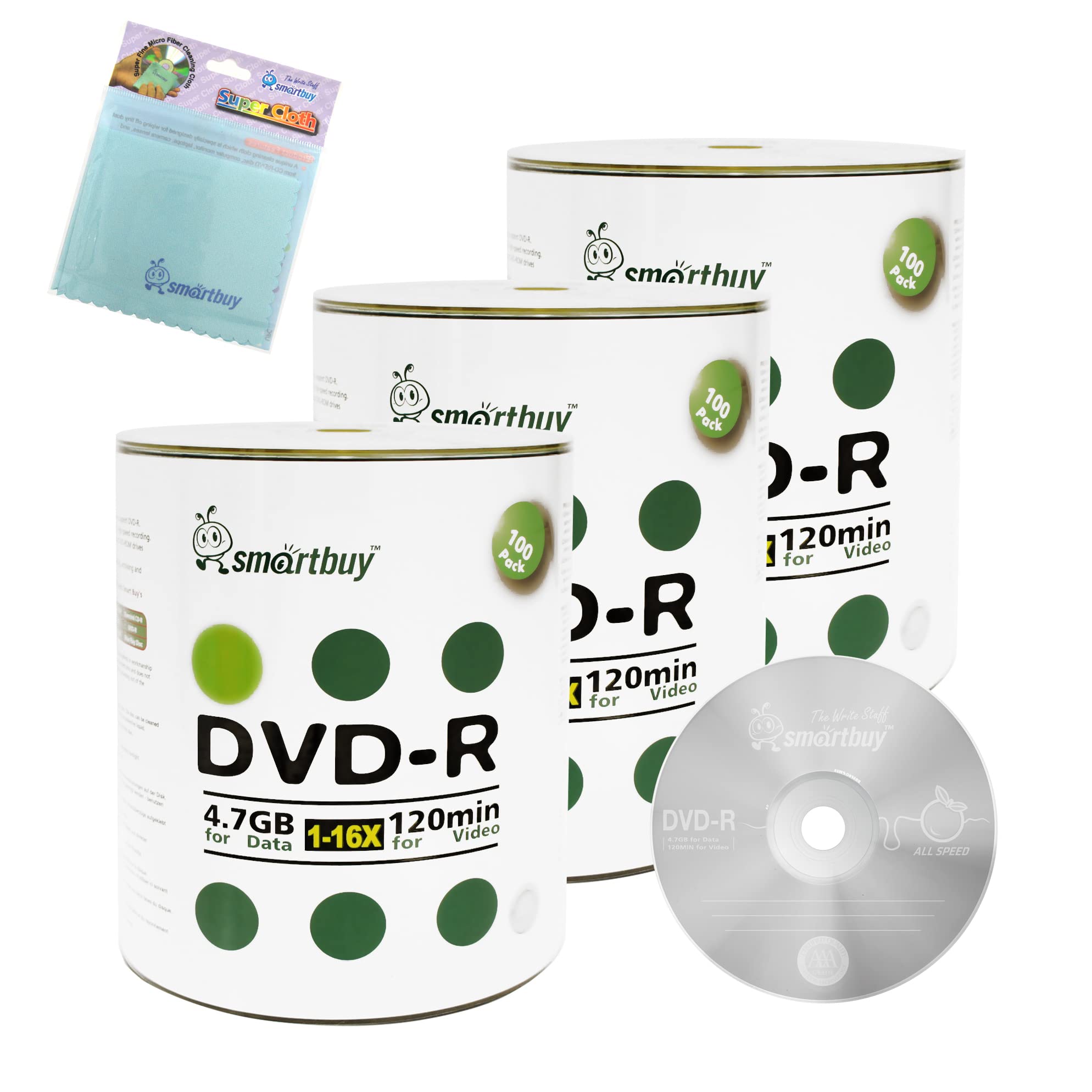 Smartbuy 300-disc 4.7GB/120min 16x DVD-R Logo Top Blank Media Record Disc + Free Micro Fiber Cloth
