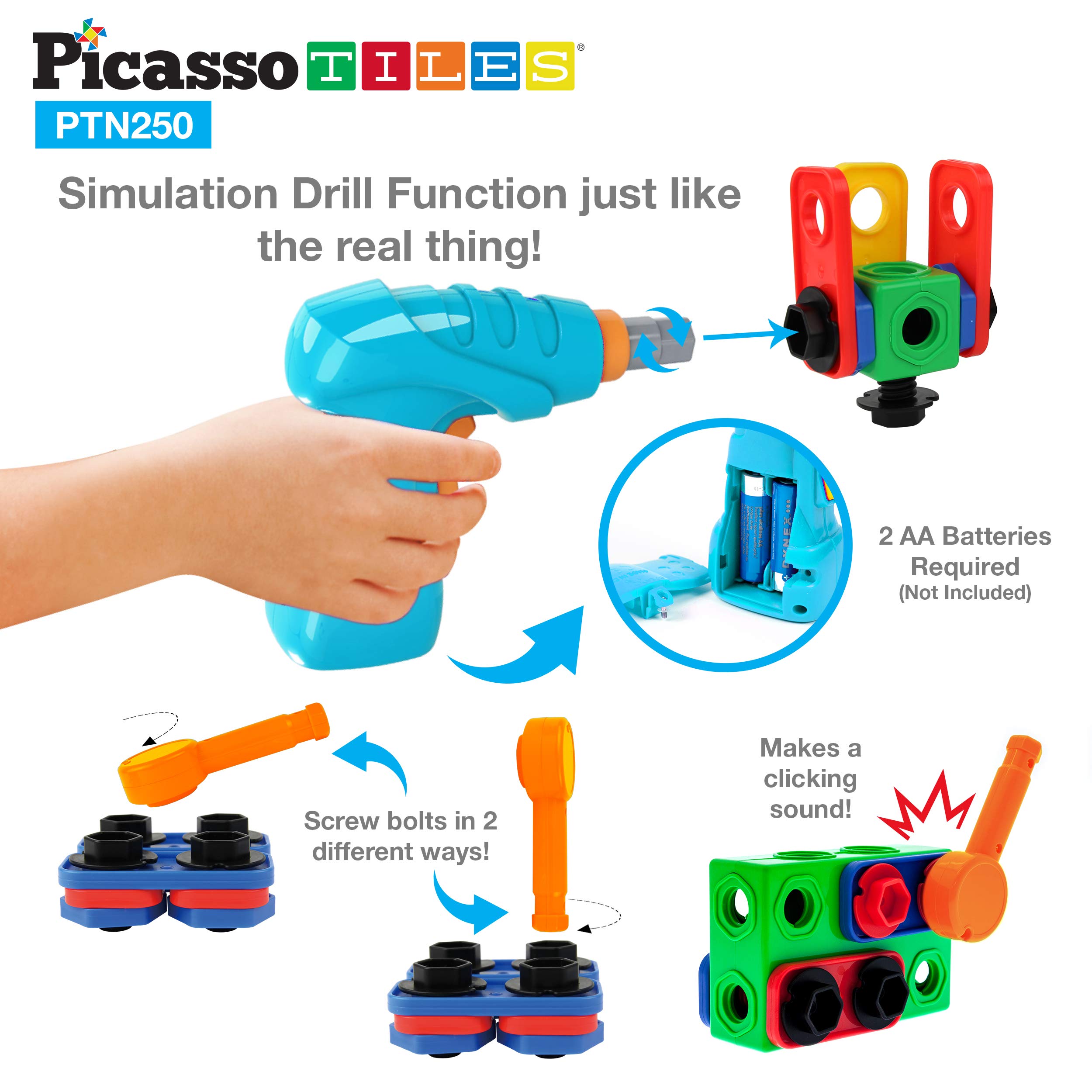PicassoTiles STEM Learning Toys 250 Piece Building Block Kids Construction Engineering Kit Toy Blocks Children Early Education Playset w/Free IdeaBook, Power Drill, Clickable Ratchet, Age 3+ PTN250