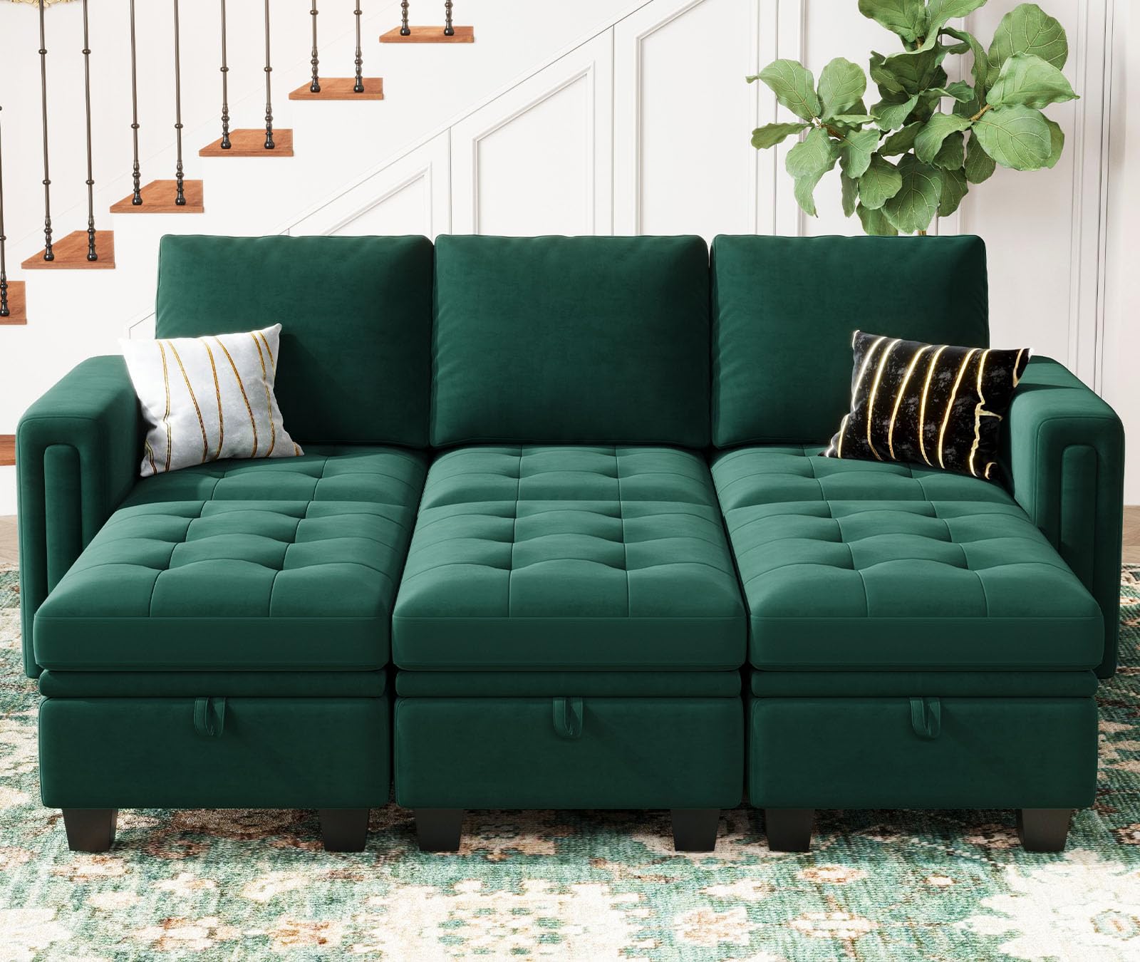 Belffin Green Velvet L-Shape Modular Convertible Sofa Bed with Storage, 83.4x62.2x35.8 inches, 6 Pieces, Medium Firmness