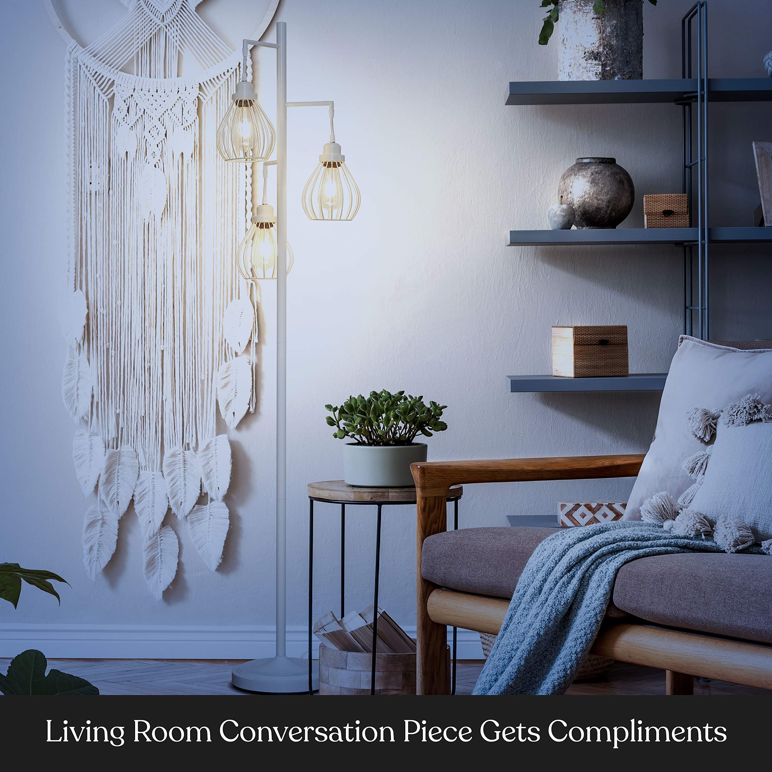 Brightech Teardrop LED Floor Lamp β Tree Standing Lamp with 3 Elegant Cage Heads & Edison Bulbs β Standing Lamp for Living Rooms & Offices β Tall Standing Lamp Ideal for Bedroom Reading β Alpine White