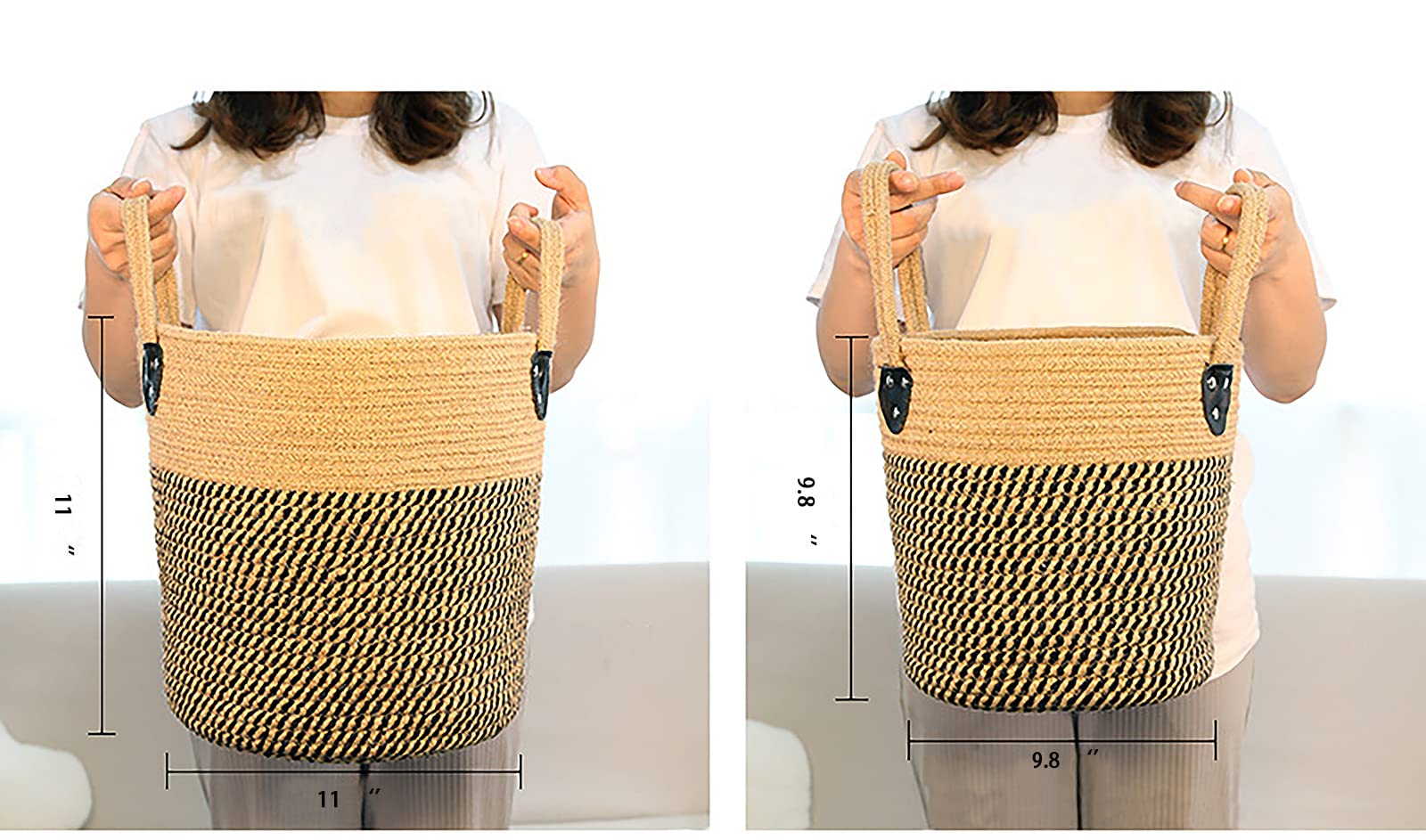 DOUBLE POMELO - Shelf Basket Jute Basket Woven Basket for Comforter Cushions Blanket Basket Toy Basket with Handle Laundry Hamper with Handle Brown and Black (11'' x 11'')