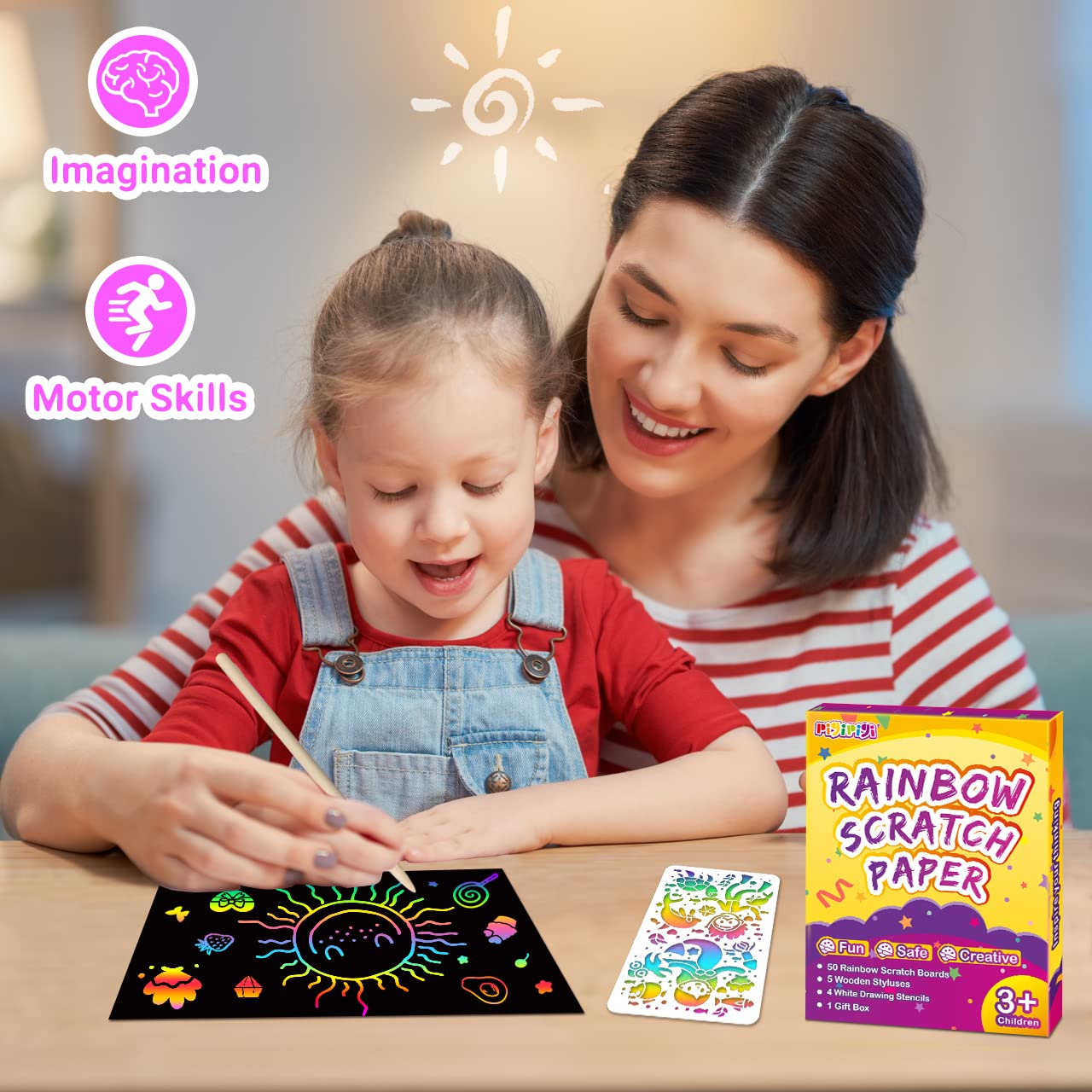 pigipigi Scratch Paper Art for Kids - 60 Pcs Rainbow Magic Scratch Off Art Crafts Set Supply Drawing Note Kit for Girls Boys Toddler Party Favor Activity Game Birthday Christmas Easter Toy Gift