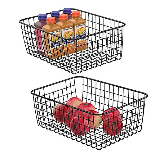 HDYOUDO Metal Wire Food Storage Basket Organizer with Wooden Handles for Organizing Kitchen Cabinets, 2 Packs-Black-large
