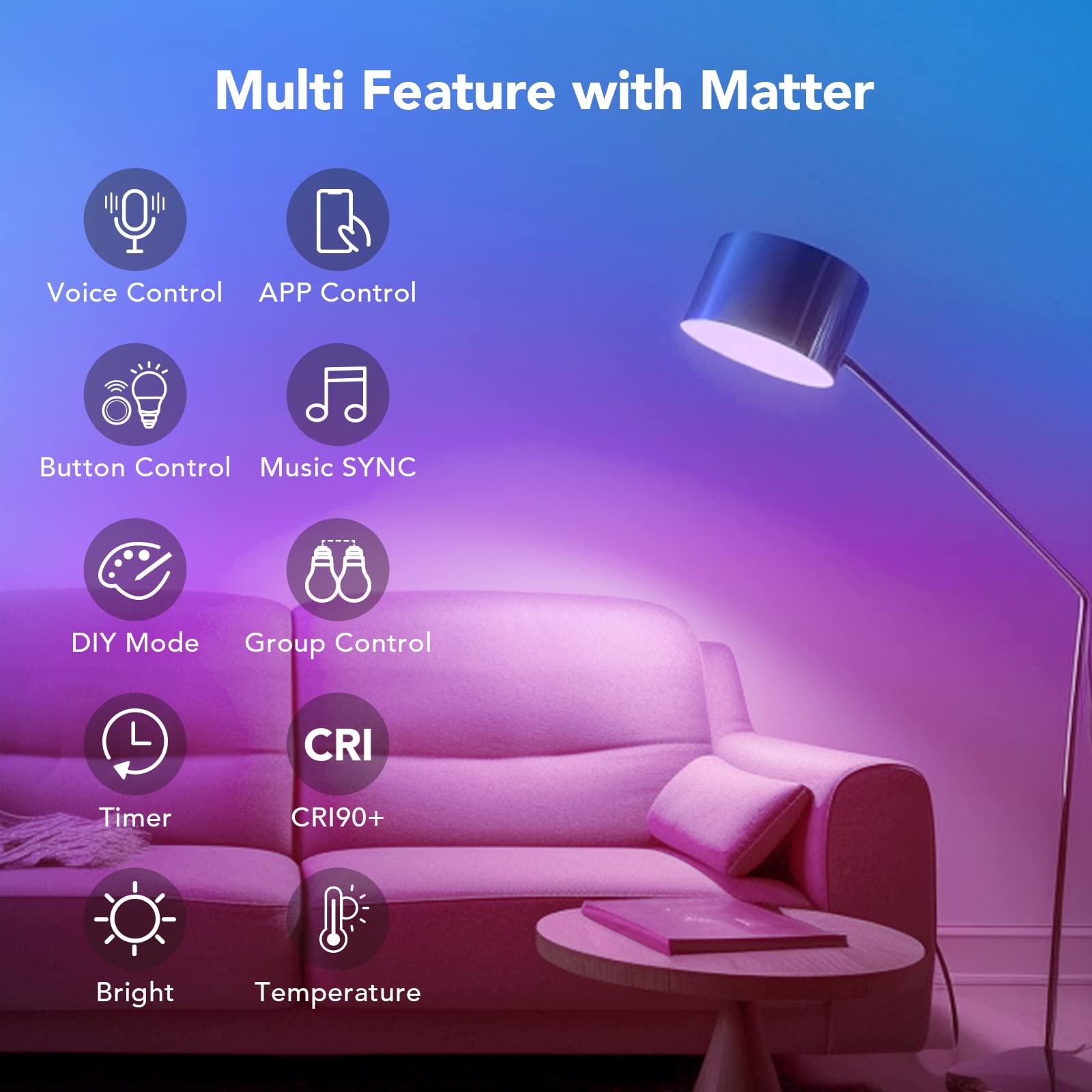 OREiN Matter Smart Light Bulb, Smart Light Bulbs Work with Apple Home, Alexa, Google Home, SmartThings, A19 Color Changing Light Bulbs 2.4Ghz WiFi, 800 Lumens Equivalent 60W 4Pack