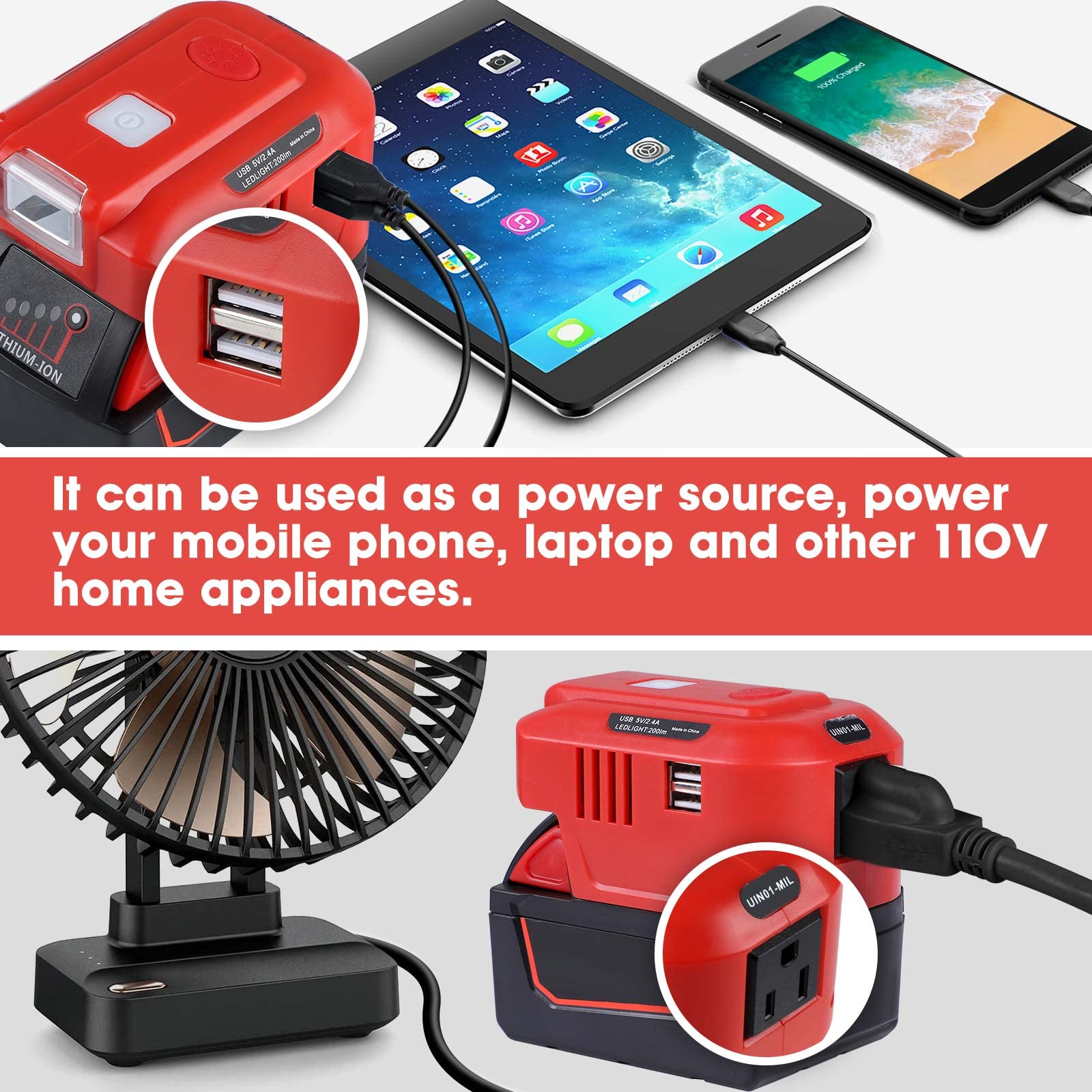 BTRUI for Milwaukee M18 USB Charger Adapter, for Milwaukee 150 Watt Powered Inverter, 18V DC to AC 110V 120V Converter with LED Light