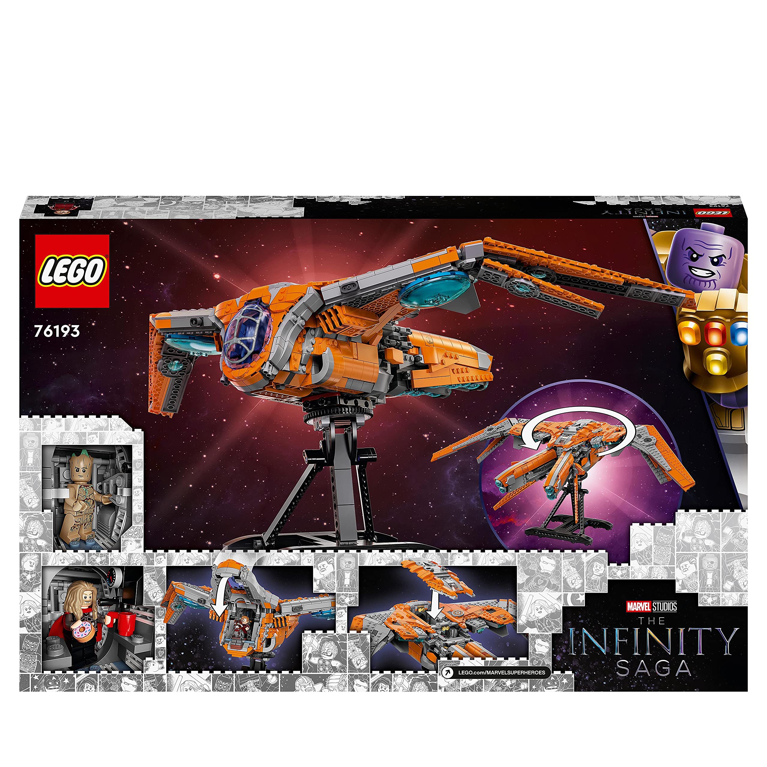 LEGO 76193 Marvel The Guardians’ Ship Large Building Set, Avengers Spaceship Model with Thor & Star-Lord Minifigures, 14 min years, 99 max years