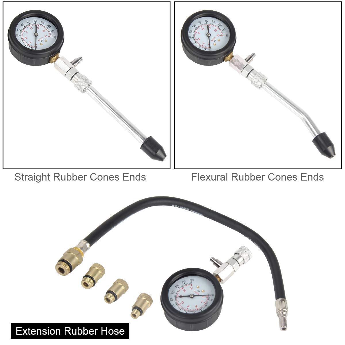 AutoRocking Petrol Cylinder Compression Tester Kit Gas Engine Leakage Diagnostic Tools 0-300 PSI Dual Scale Pressure Gauge Extension Hose Spark Plug Adapters for Car Motorcycle Lawn Mower