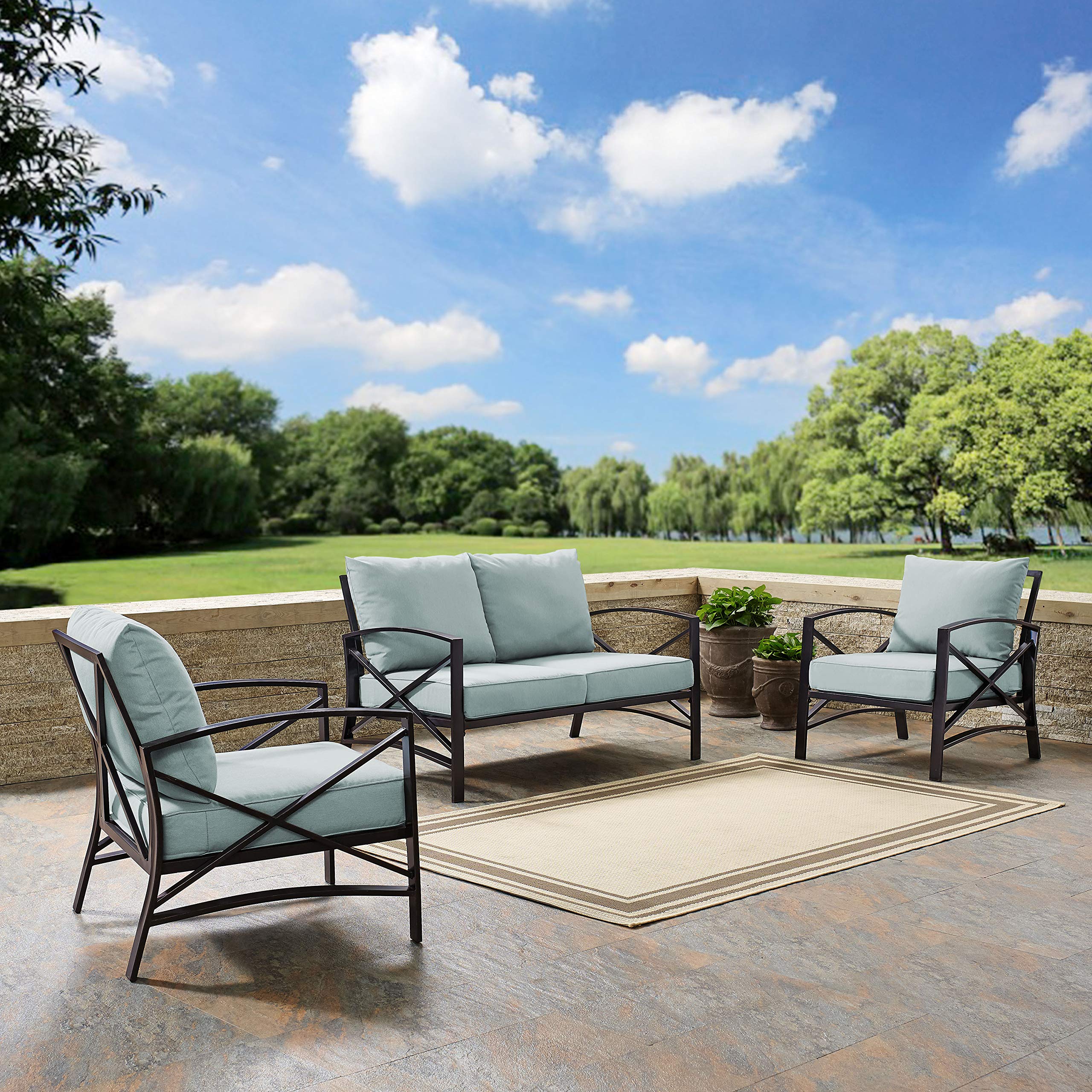 Crosley Furniture Kaplan 3-Piece Outdoor Loveseat Patio Furniture Set, Conversation Sets for Porch, Deck, White with Navy Cushions