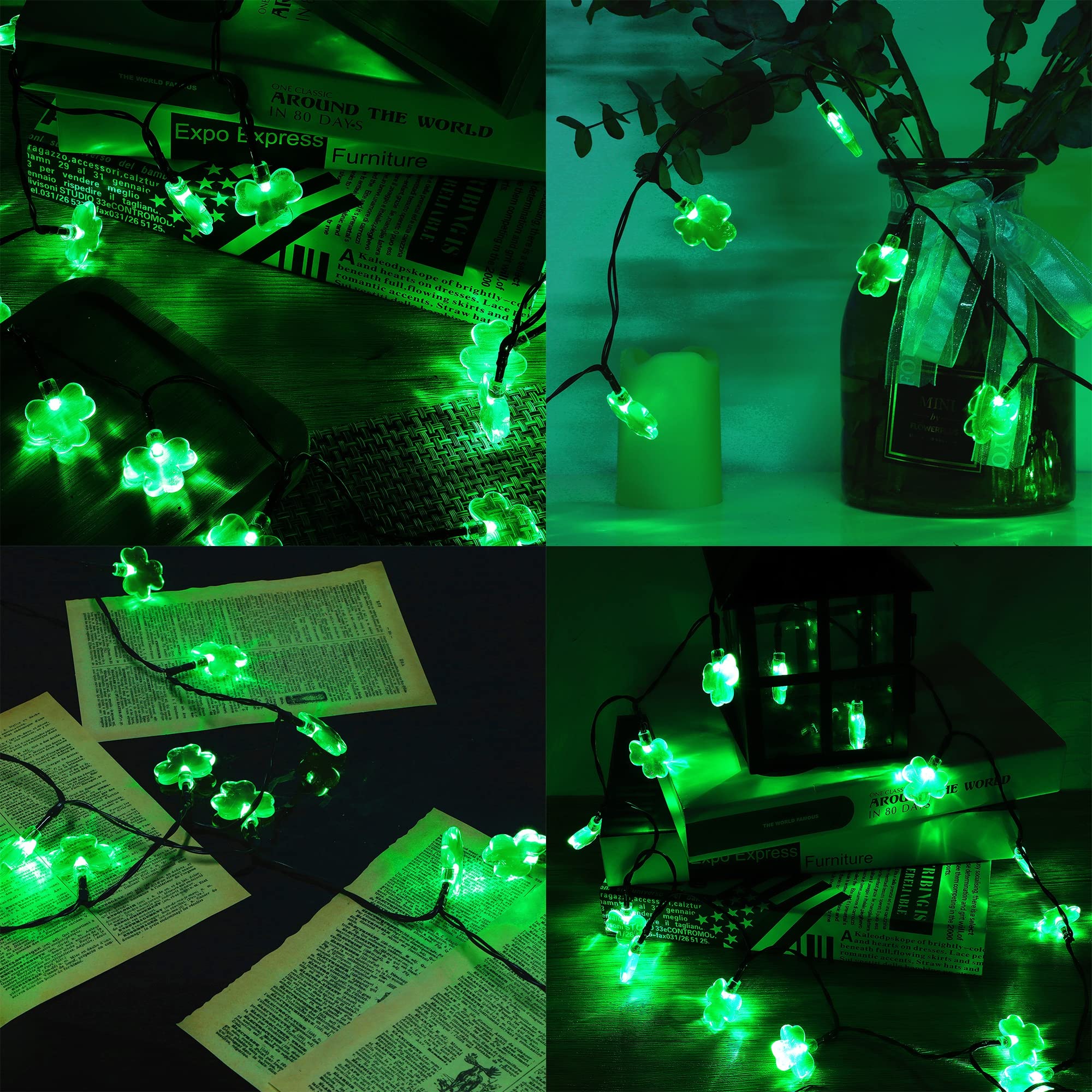 LJLNION St. Patricks Day String Lights Outdoor, 50 LED 16 FT Shamrocks Decorative Green Leaf Lights Battery Operated, 8 Lighting Modes & Timer, Waterproof for Home Garden Party Decoration, 1 Pack