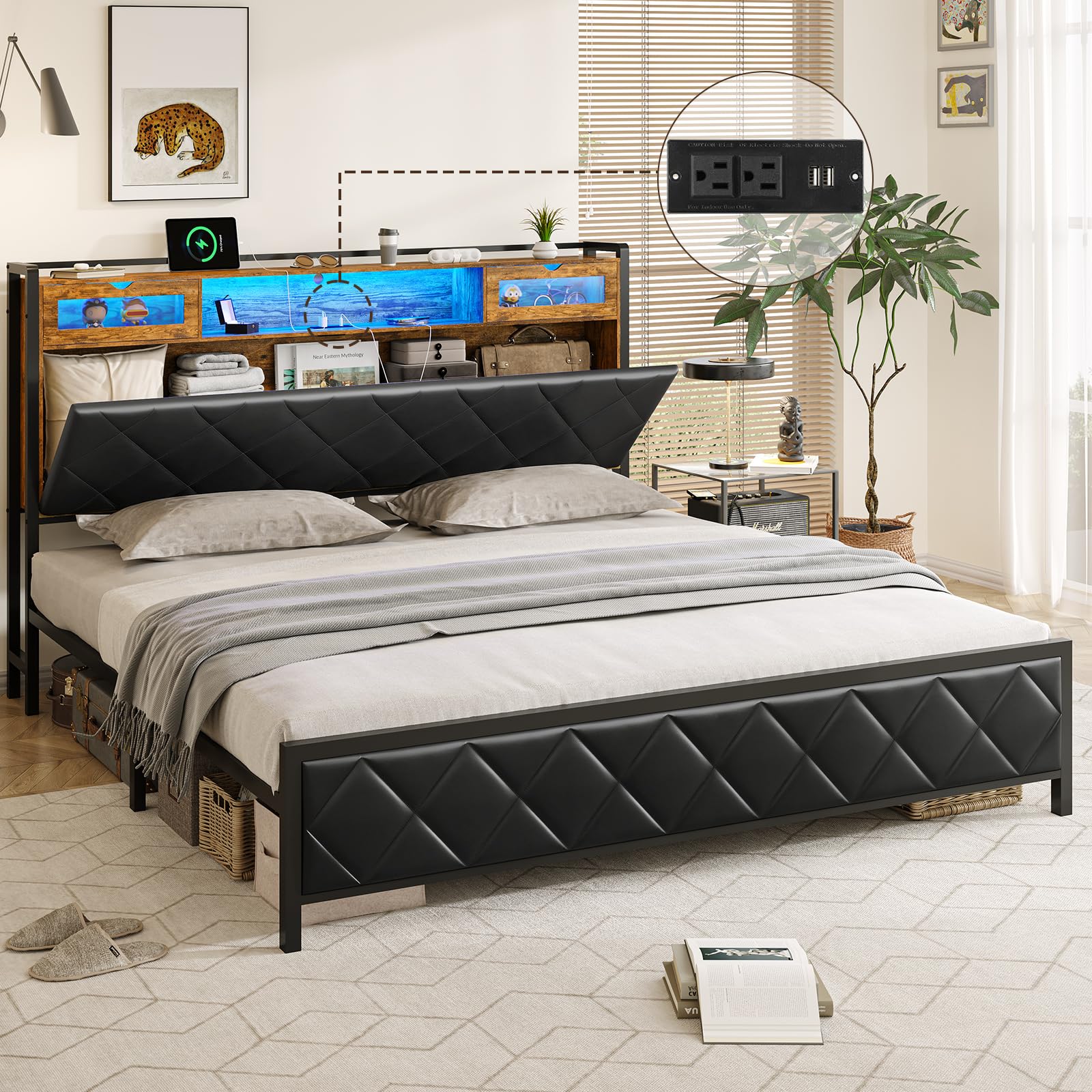 DICTAC King Size Bed Frame, Storage Headboard and Charging Station, Platform King Bed Frame with Led Lights, Solid and Stable, Noise Free, No Box Spring Needed, Easy Assembly, Black