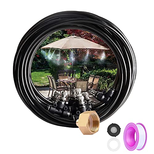 Cairondin Misters for Outside Patio, 26FT DIY Outdoor Misting Cooling System for Garden Backyard Umbrella Trampoline, 7 Metal Mist Nozzles, a 3/4" Brass Adapter