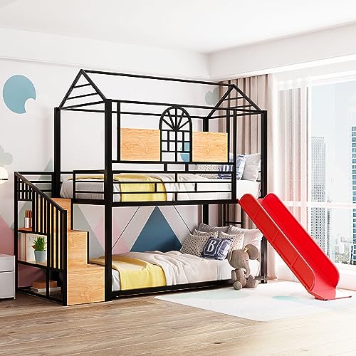 BOVZA House Bunk Bed with Slide and Stairs, Twin Over Twin Metal Bunk Beds Frame with Roof and Storage Staircase for Kids Boys Girls Teens, Black+Red