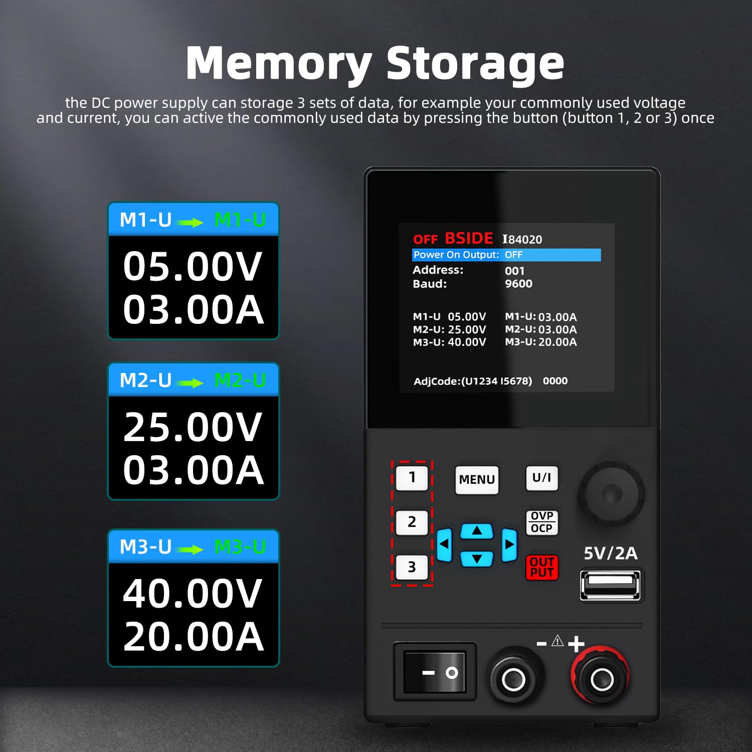 BSIDE Programmable DC Power Supply 40V 20A Lab Power Supply Small Variable Bench Power Supply Adjustable Switching Regulated DC Output Power Supply with Encoder Arrow Key Adjustment and USB