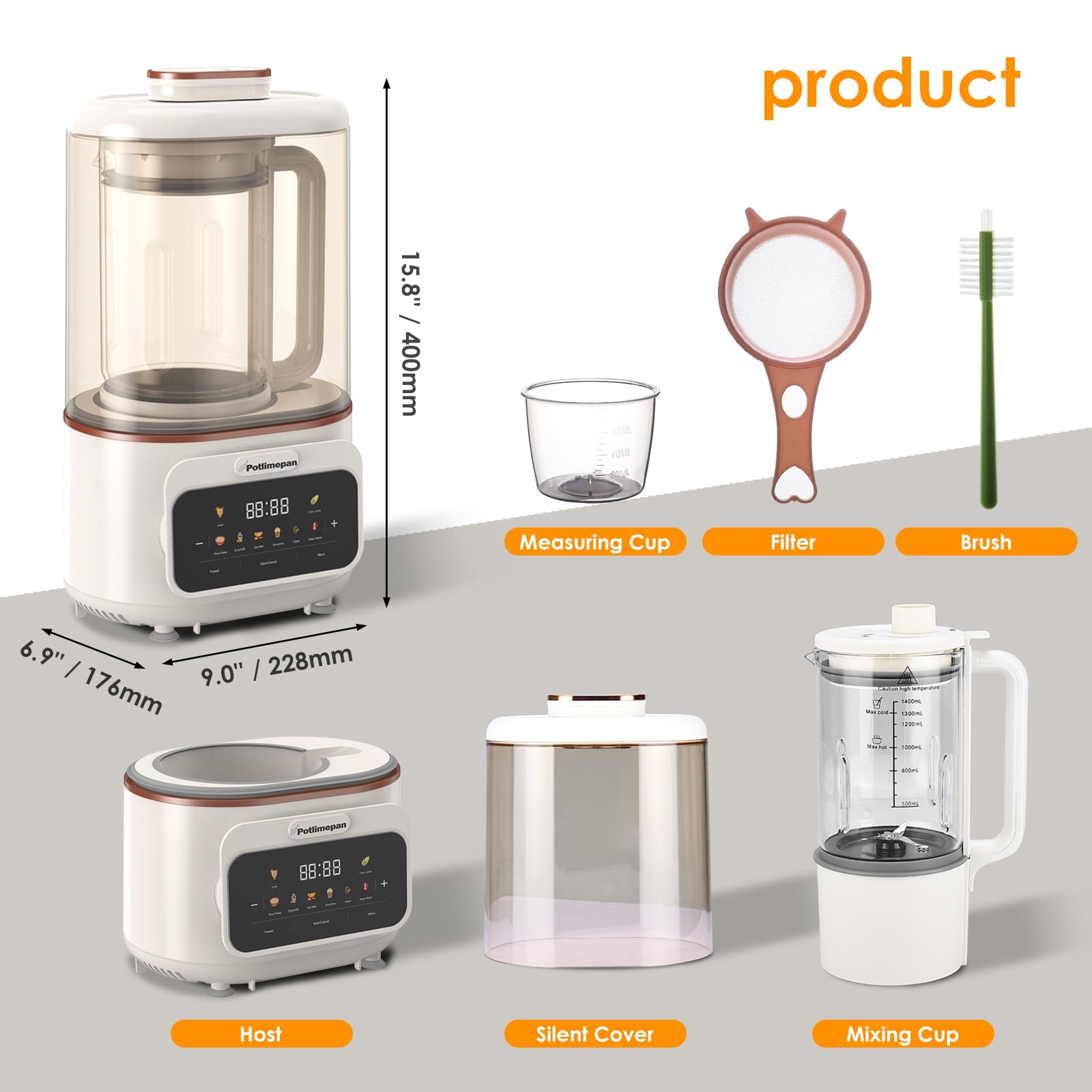 Potlimepan 8in1 Quite Cooking Blender, 1.4L 600W Countertop Blender with Silent Shield, Hot&Cold Kitchen Blender 8 Programs with 24H Preset, Self-Cleaning, for Smoothie Soy Milk Oat Milk and Juice