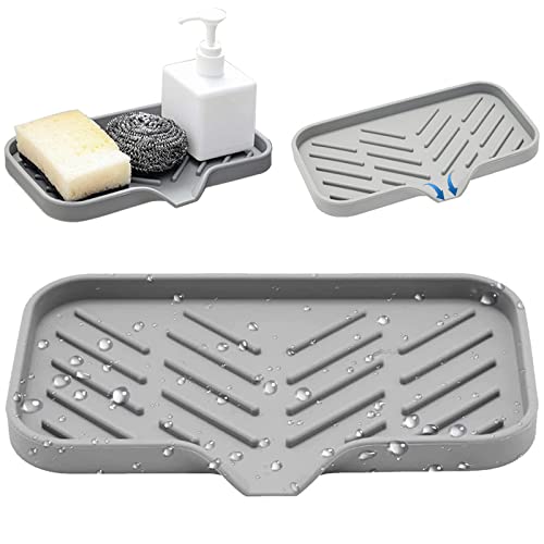 COMUSTER Kitchen Soap Tray, Silicone Sponge Holder for Bathroom Counter Sink Dish Bottle,Dishwashing Accessories(Grey)