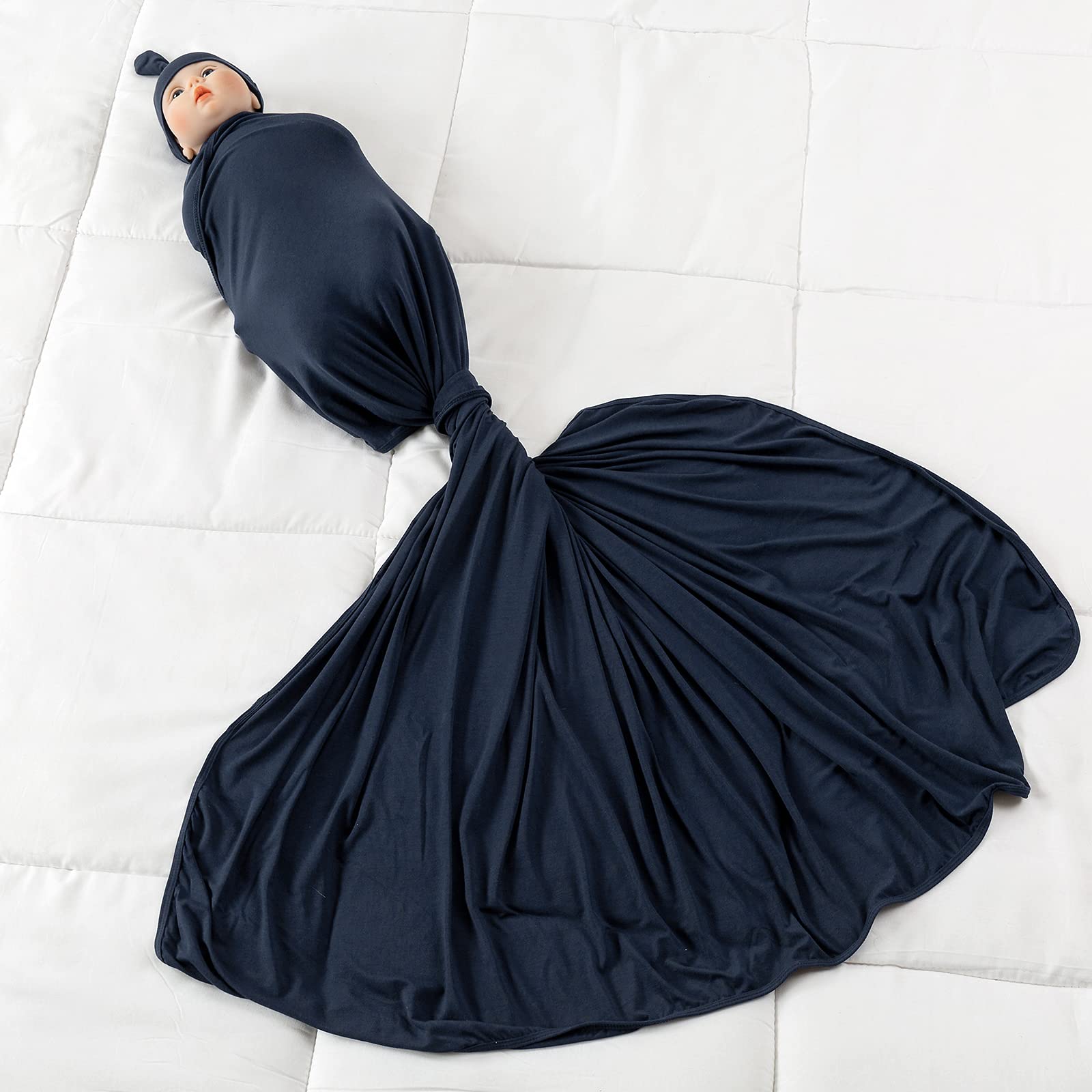 Bayceen Large Jersey Knitted Swaddle Blanket for Baby, Soft Stretchy Receiving Blanket for Newborns with Hat, Large 47 x 47 inches (Navy)
