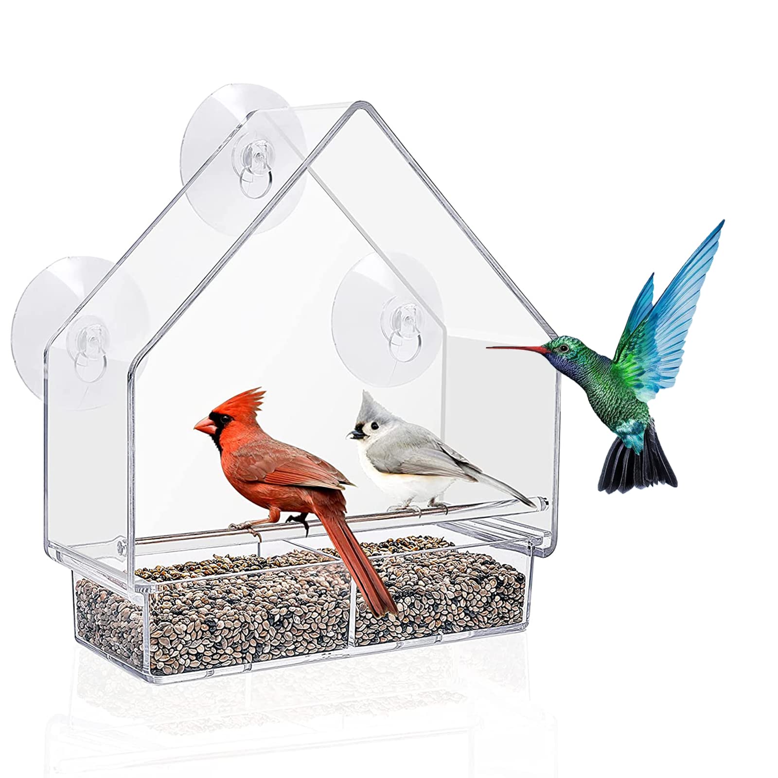 Clear Window Bird Feeder, Squirrel Proof with Strong Suction Cups Removable Sliding Seed Tray, Fits for Wild Birds. Best Gift