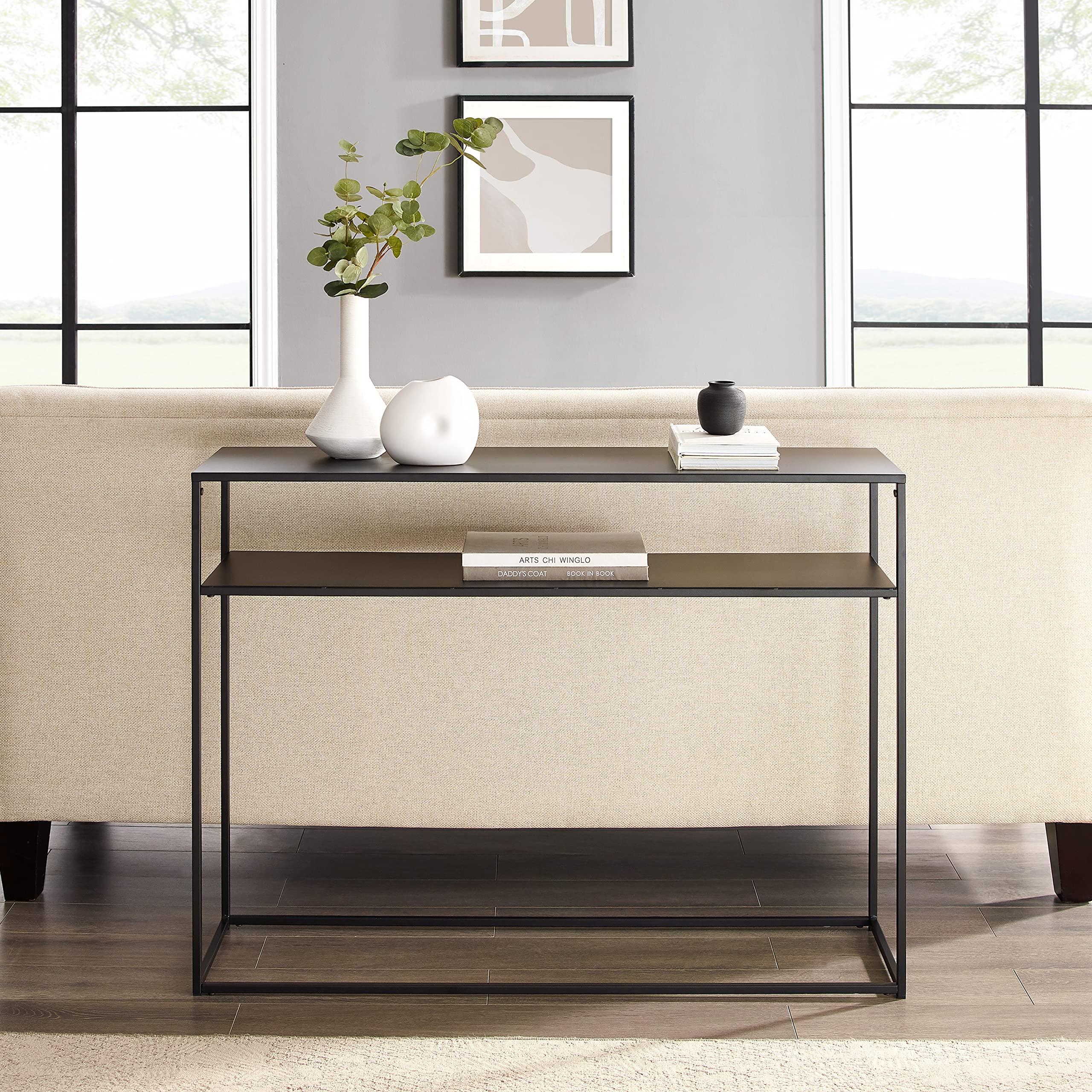 Crosley Furniture Braxton Sofa Console Table with Storage Shelf for Hall, Entryway, or Living Room, Matte Black
