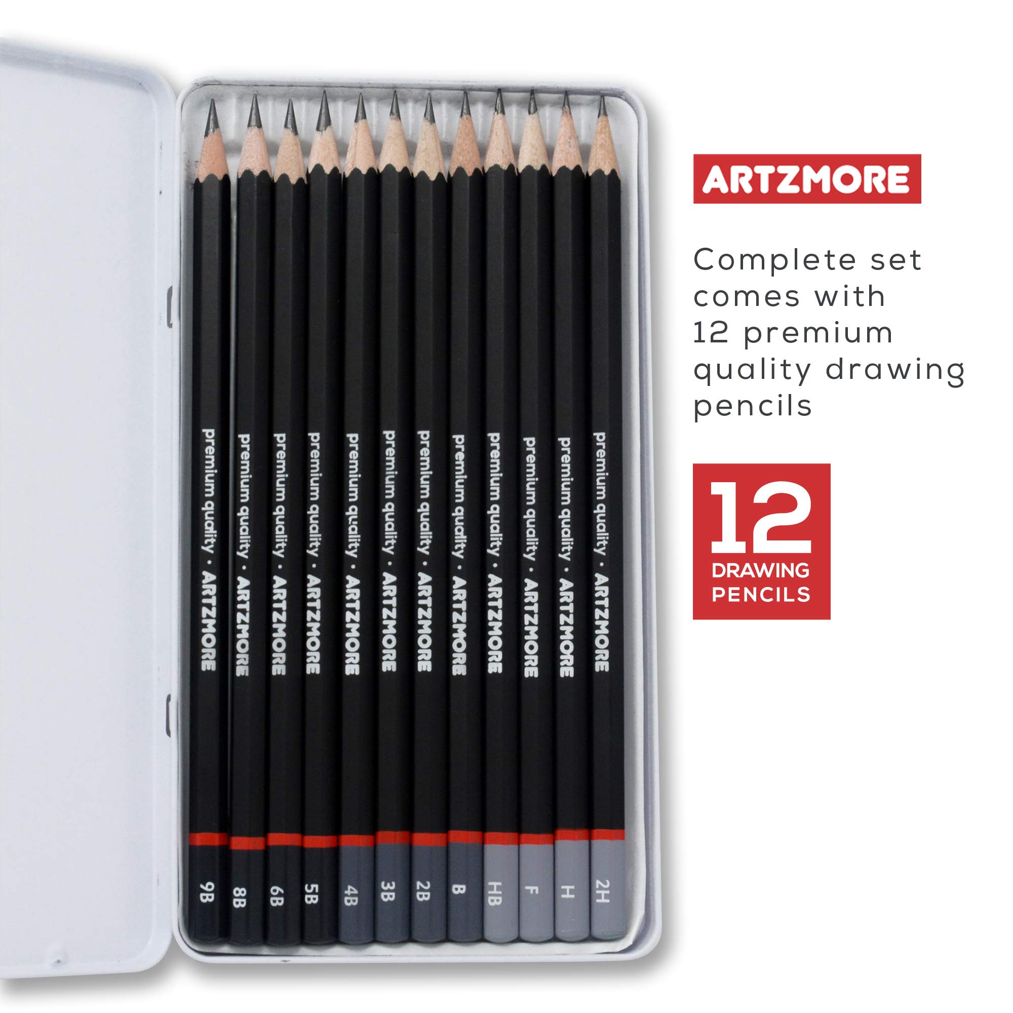 Artzmore Drawing Pencils Set - 12 Piece Sketching Pencils, Graphite Pencils, Shading Pencils for Sketching, Art Pencils for Drawing and Shading, Sketch Pencils for Drawing, Drawing Pencils for Artists