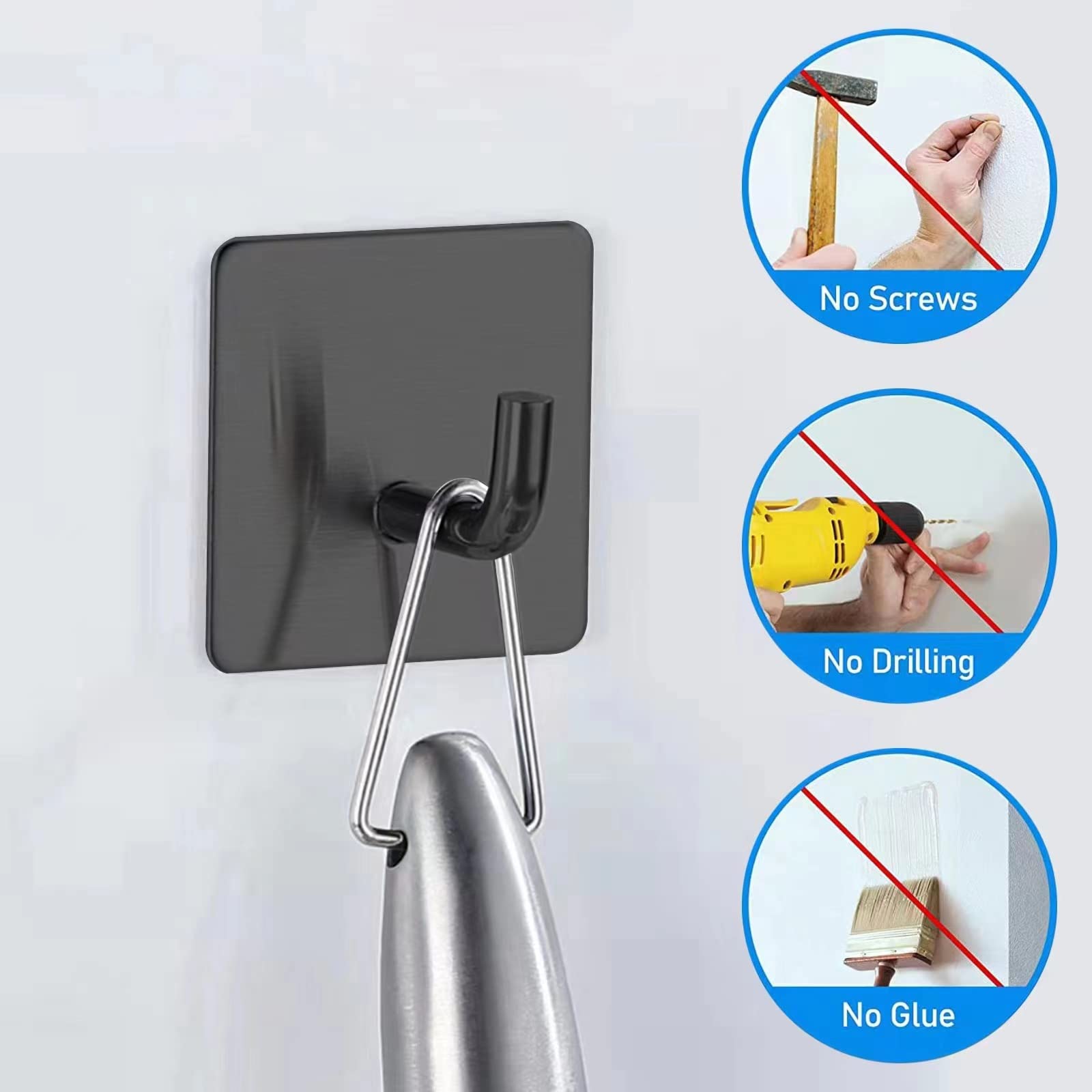 bonhams Self Adhesive Towel Hooks, 12 Pcs Heavy Duty Decorative Wall Shower Hooks Waterproof Stainless Steel for Kitchen Bathroom Office Home Decor (Black)