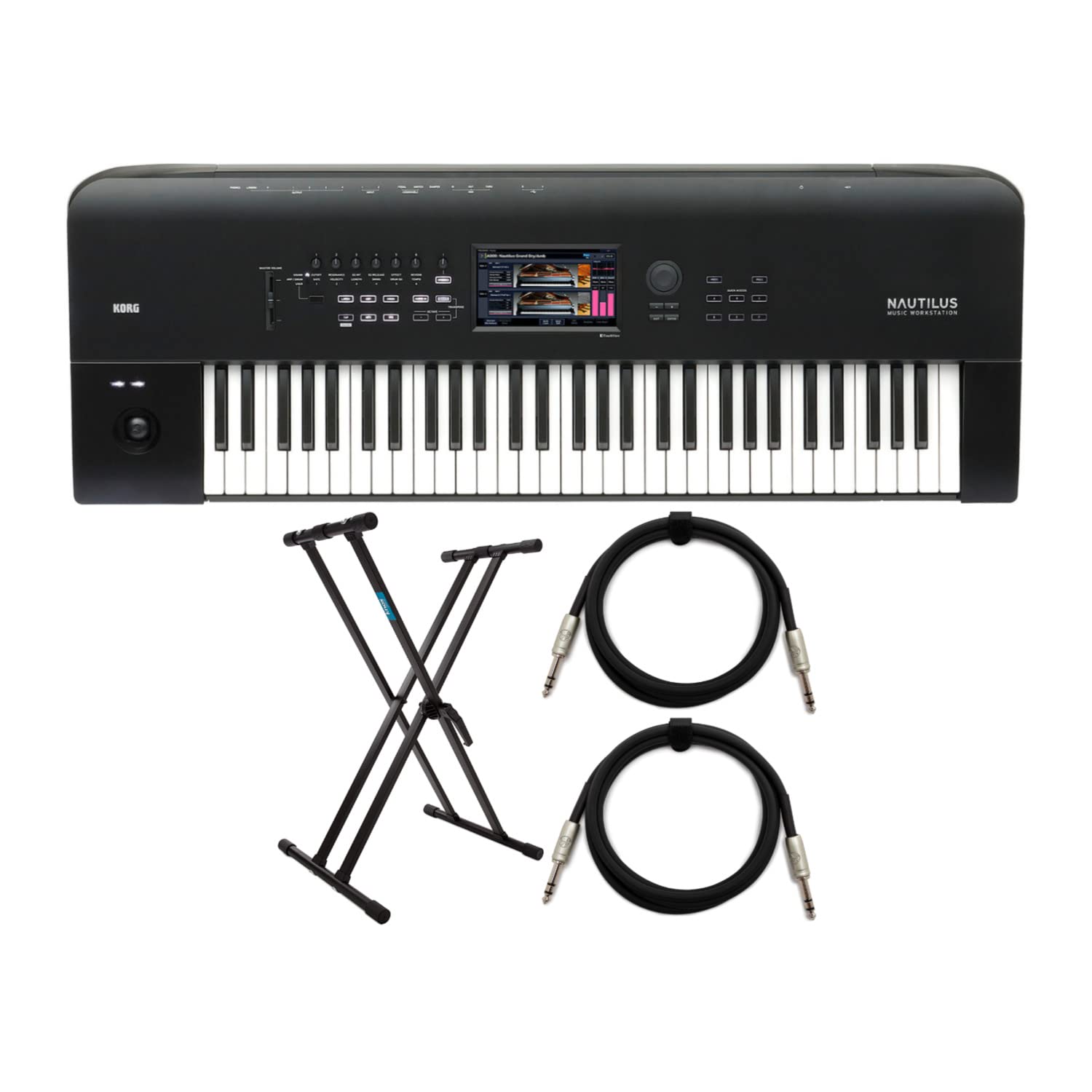 Korg NAUTILUS 61-Key Workstation Synthesizer Bundle with Keyboard Stand and 6-Feet TRS Cable (2-Pack) (4 Items)