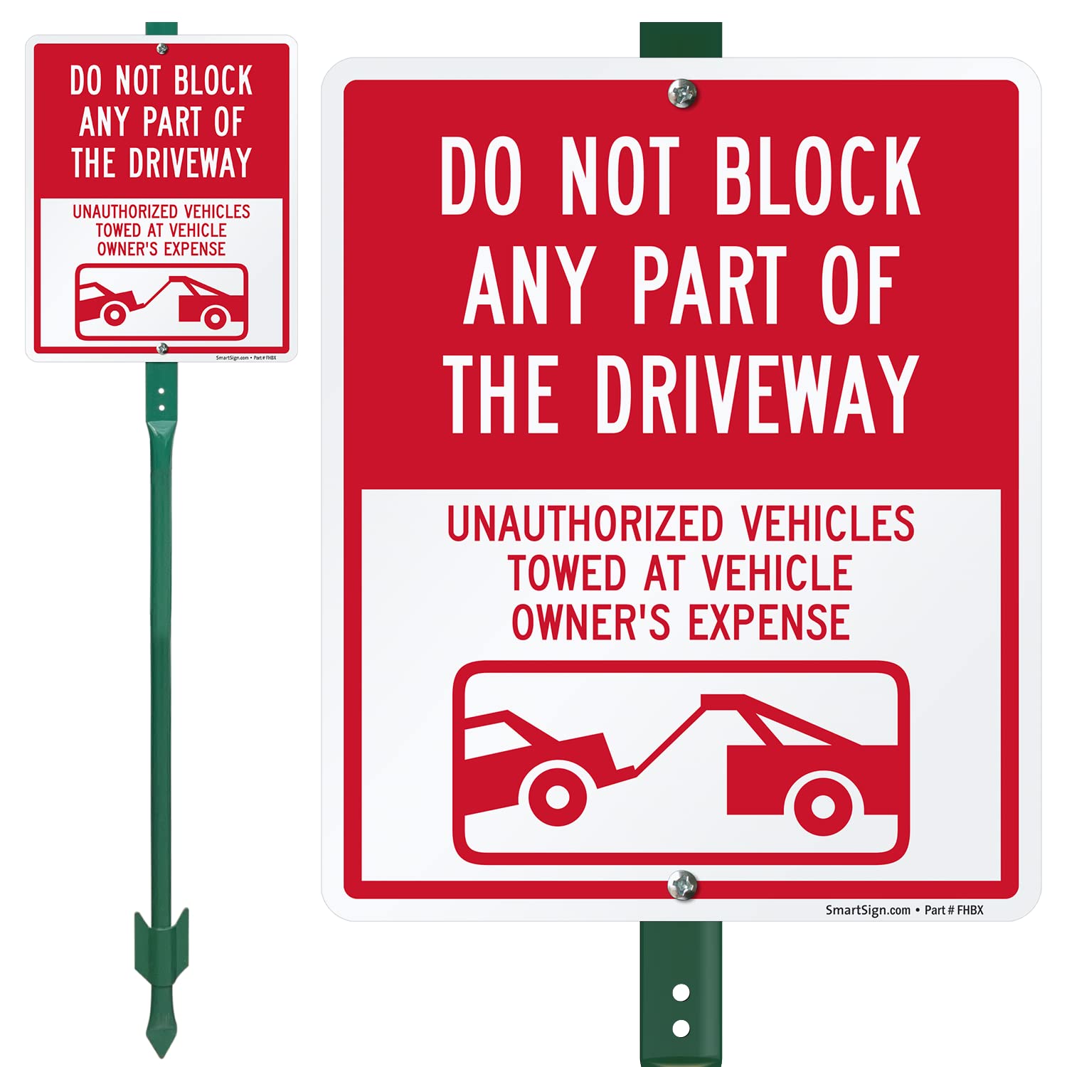 SmartSign 12" x 10" 'Do Not Block Any Part Of The Driveway Unauthorized Vehicles Towed' LawnBoss Yard Sign with 3 ft Stake, 40 mil Laminated Aluminum, Red and White, Set of 1, USA-Made