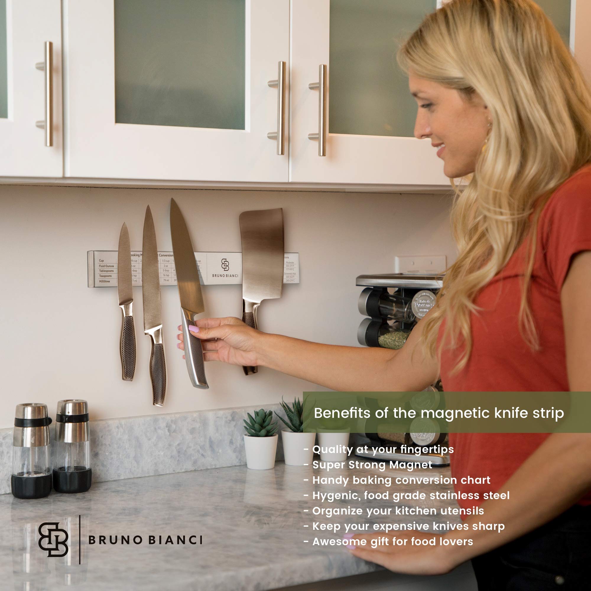 Bruno Bianci Magnetic Knife Strip with Cooking Conversion Charts -16 Inch Premium Wall-Mounted Knives Organizer, Space-Saving Kitchen Utensil Holder for Home Cooks and Master Chefs