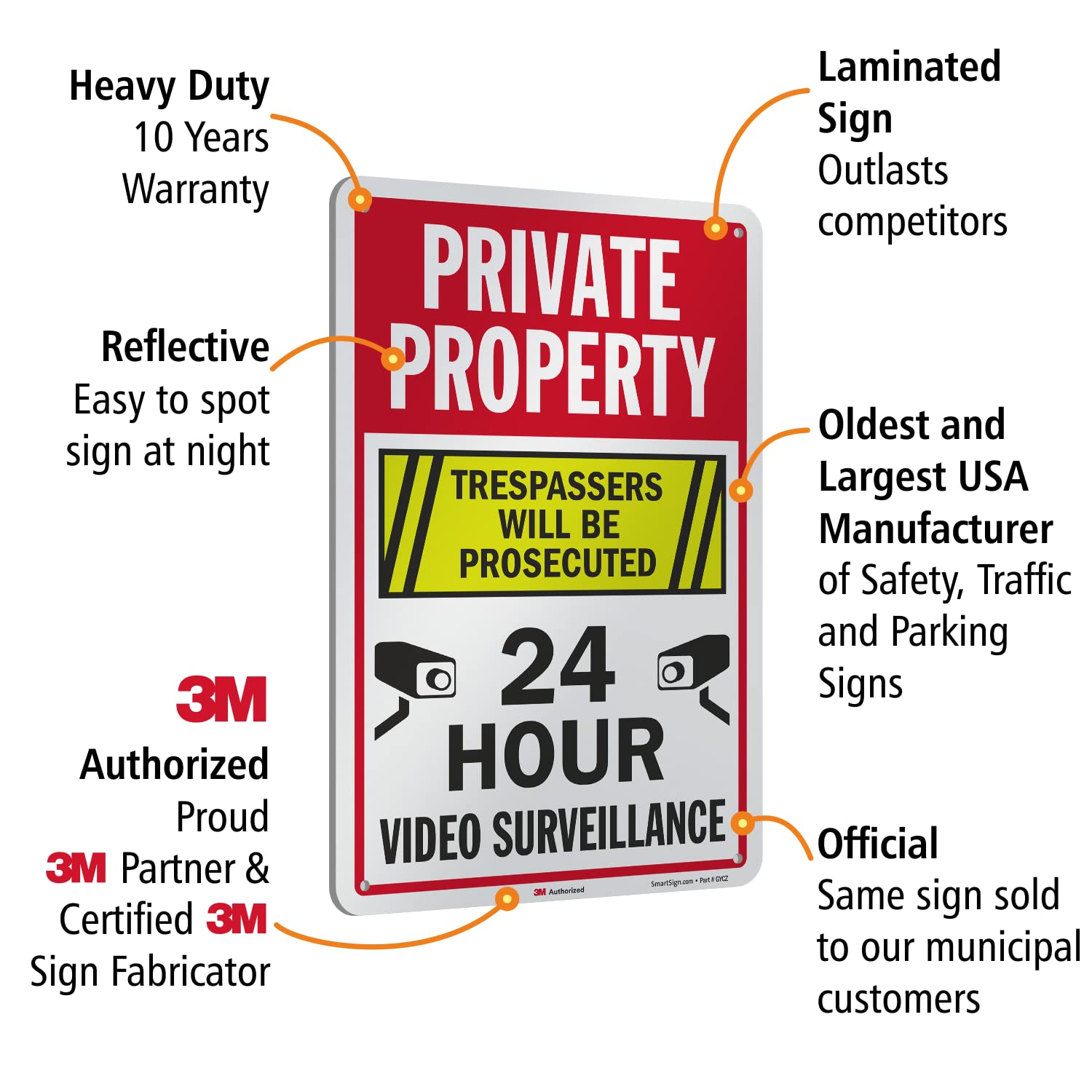 SmartSign 18 x 12 inch 'Private Property - Trespassers Will Be Prosecuted, 24 Hour Video Surveillance' Metal Sign, 63 mil Aluminum, 3M Laminated Engineer Grade Reflective Material, USA-Made