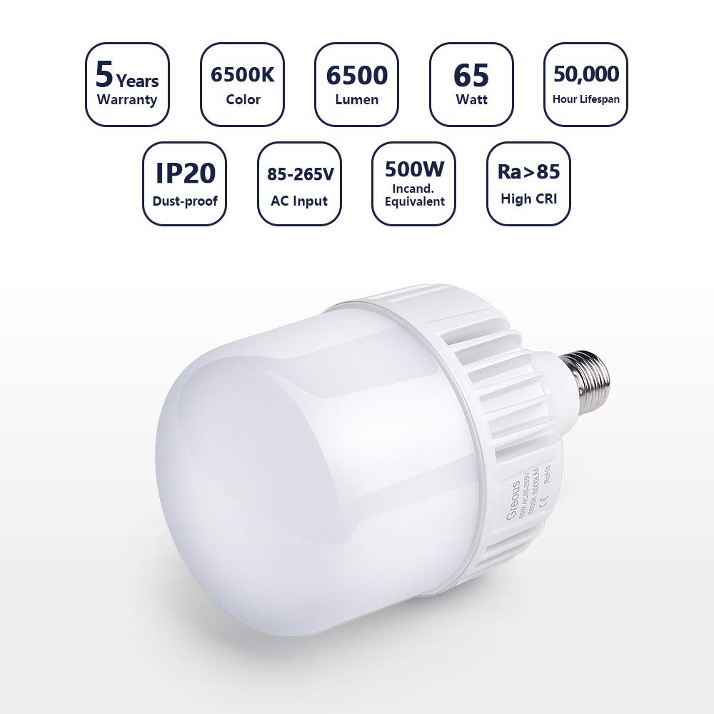 Greous Super Bright 400W-500W Light Bulb Equivalent, 65W LED Bulb 120 Volt Cool White 6500K E26, 6500 Lumens,High Watt Commercial Retrofit LED Bulbs for Yard Garage Factory Warehouse Workshop
