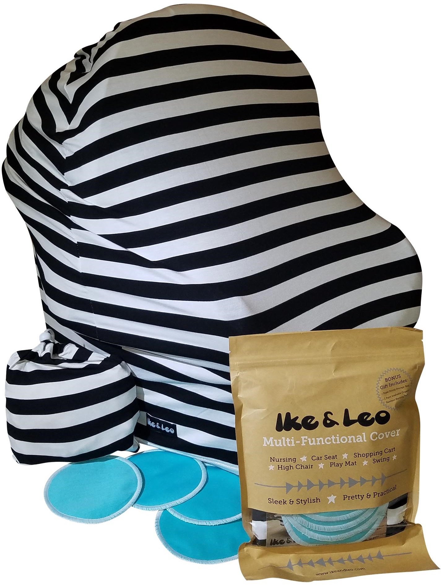 Premium Baby Car Seat Cover Set By Ike & Leo - Multipurpose Stretchy Baby Cart Canopy -Breastfeeding Cover - Lightweight & Breathable - Black & White Classic Stripes Design - Bonus Bamboo Nursing Pads