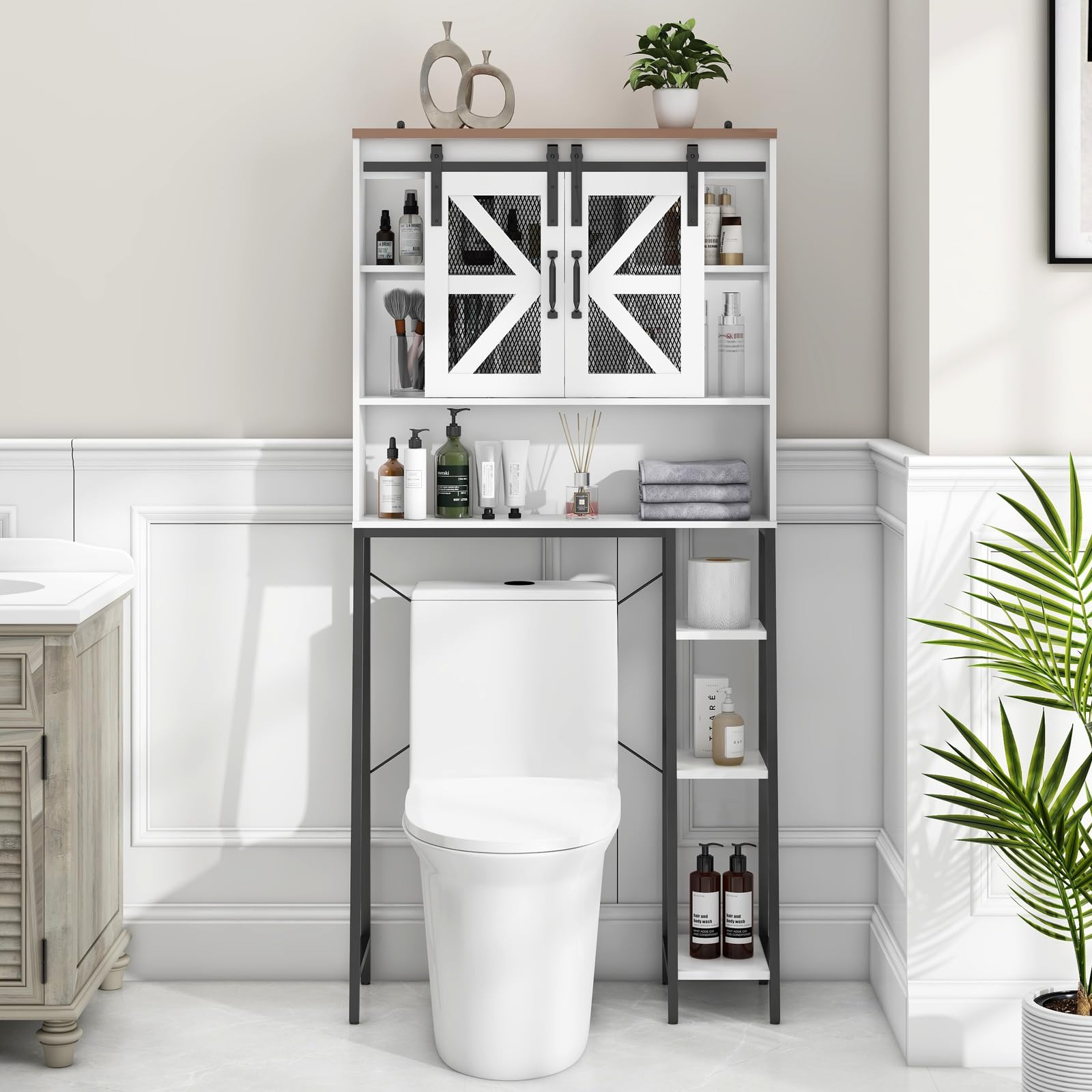 Over The Toilet Storage Cabinet, Farmhouse Storage Cabinet Over Toilet with Sliding Barn Door,Home Space-Saving Toilet Rack, for Bathroom, Restroom, Laundry