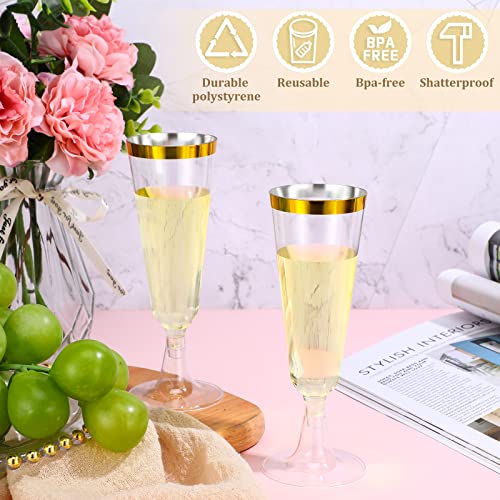 CHENGU 200 Pack Champagne Flutes Plastic 5 Oz Plastic Wine Glasses Plastic Toasting Champagne Flutes for Wedding Party Disposable Plastic Champagne Glasses Cocktail Cups for Celebration (Gold)