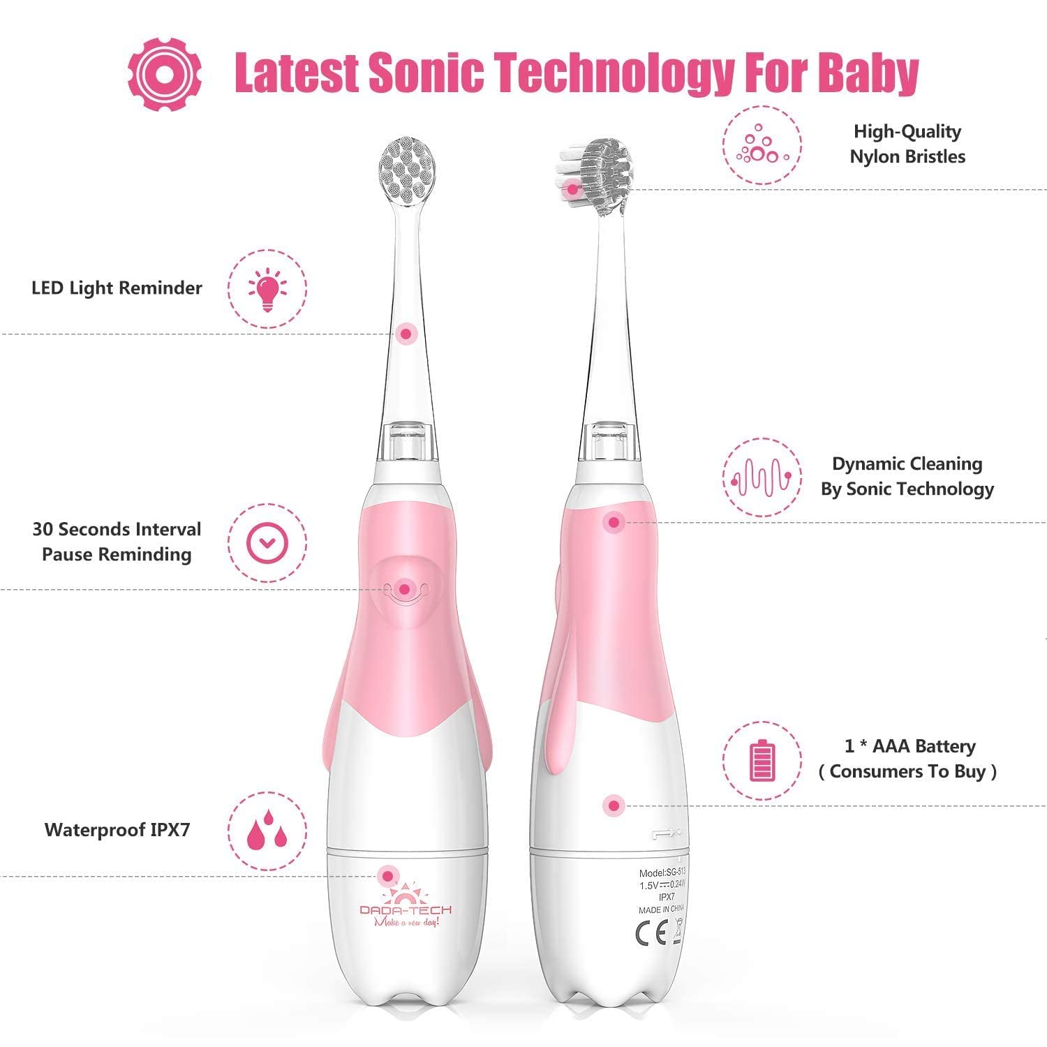 DADA-TECH Baby Electric Toothbrush with Replacement Heads (Round)
