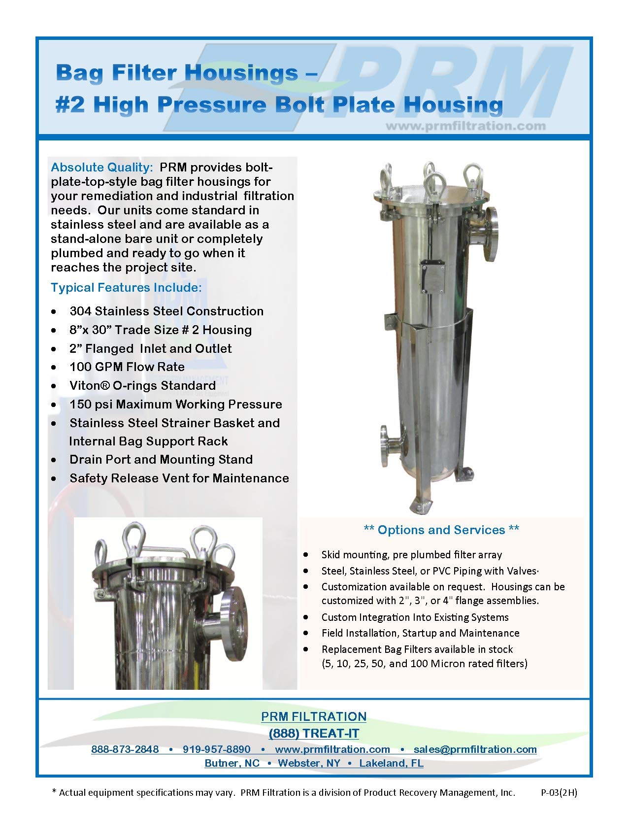 PRM 304 Stainless Steel Bag Filter Housing, #2 Size, 2 Inch Flange Inlet/Outlet, 150 PSI Max. Pressure, Bolt Plate Top