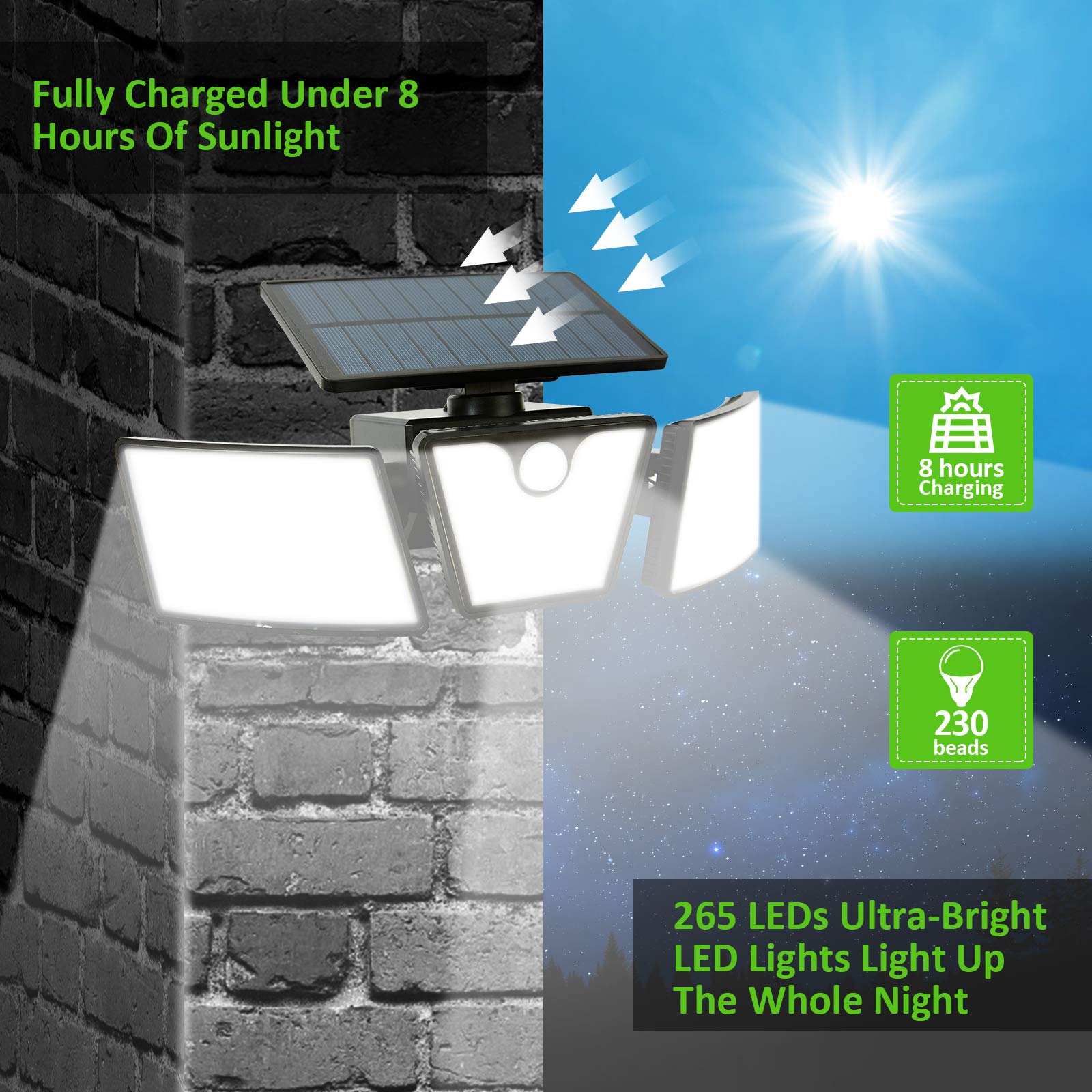 VICSOU 265 LEDs Solar Lights Outdoor, Upgraded Motion Sensor Security Light, 3 Adjustable Heads Spotlight 270° Wide Angle Super Bright Waterproof Flood Light for Garden Garage Patio Yard (2 Pack)